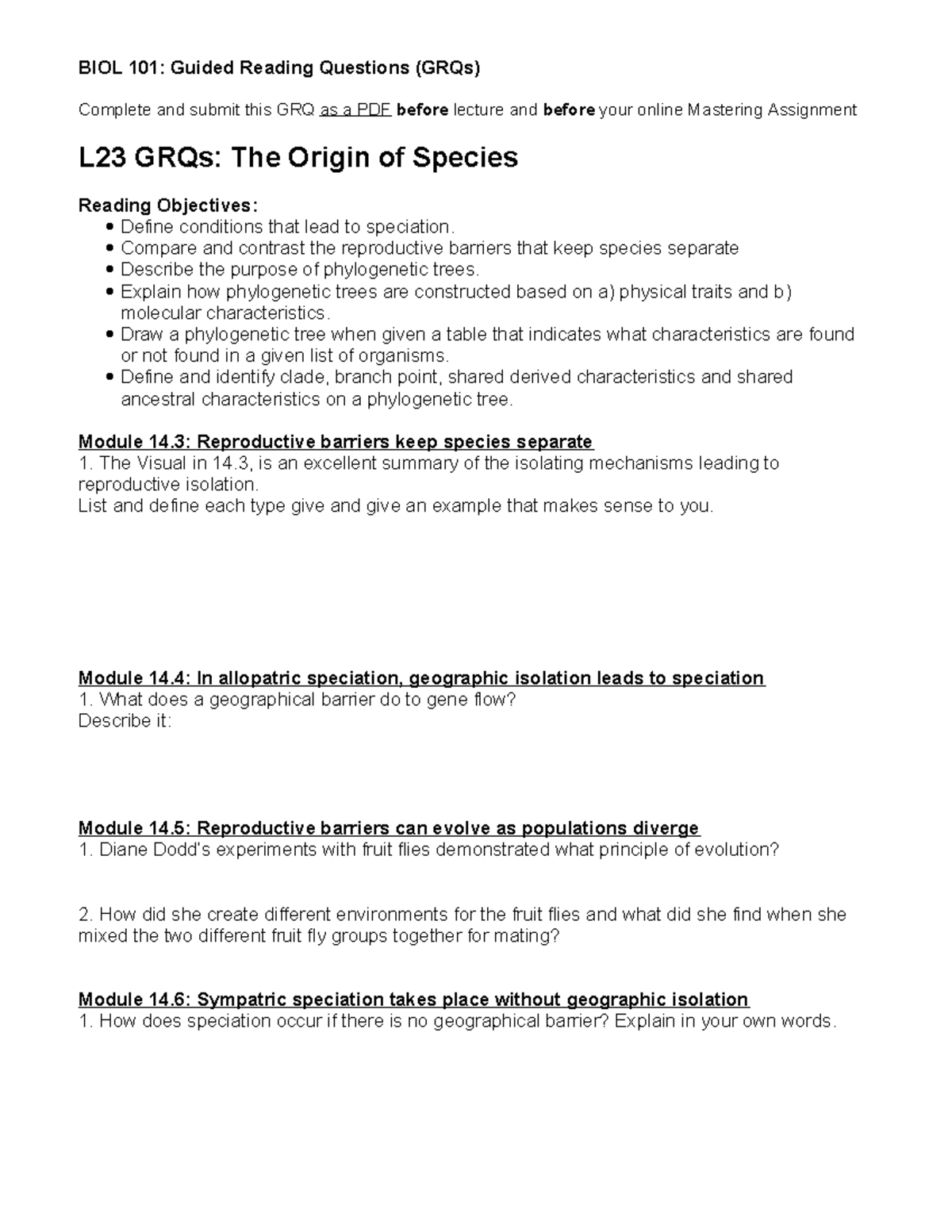 Lesson 23 GRQs The Origin of Species - BIOL 101: Guided Reading ...