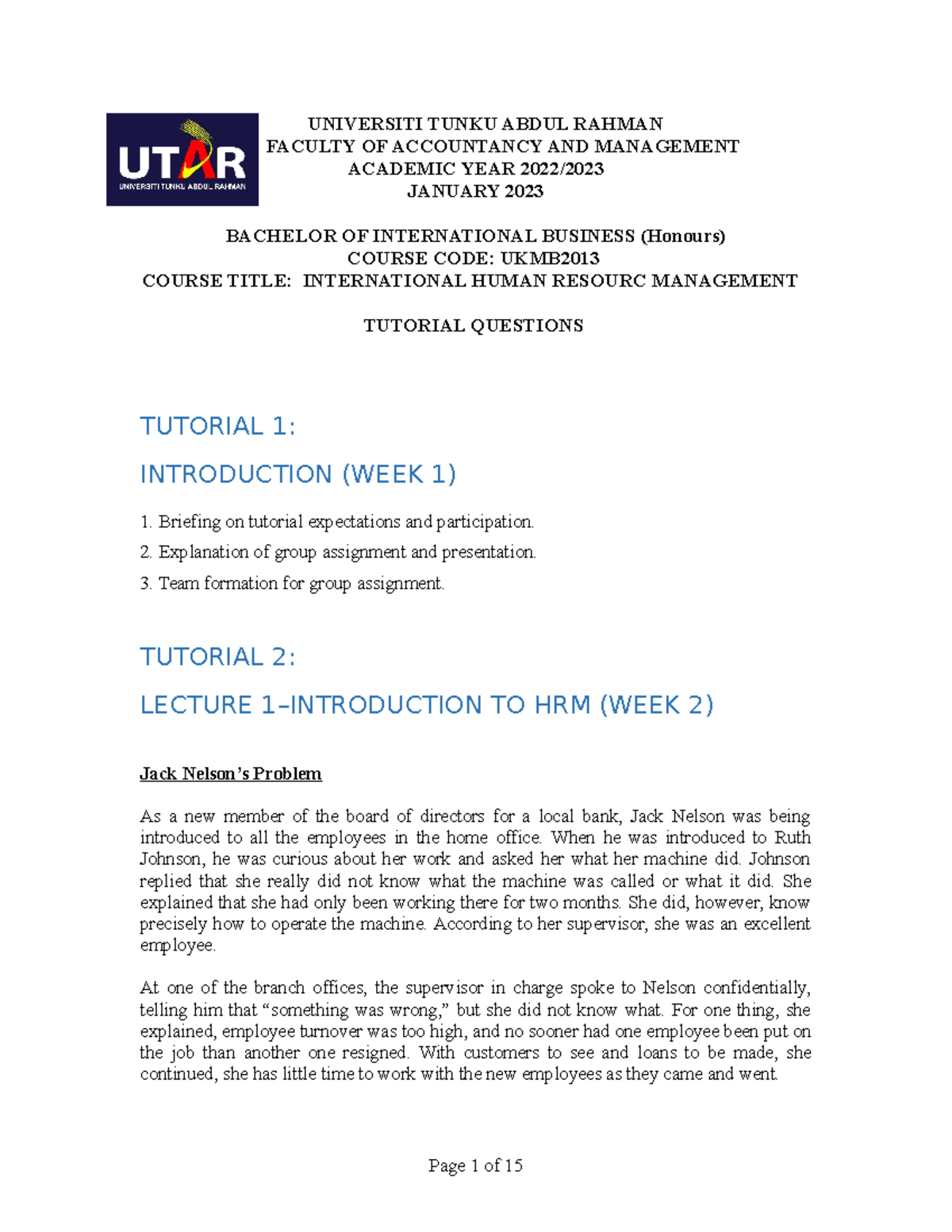 202301 IHRM Tutorial questions - UNIVERSITI TUNKU ABDUL RAHMAN FACULTY ...