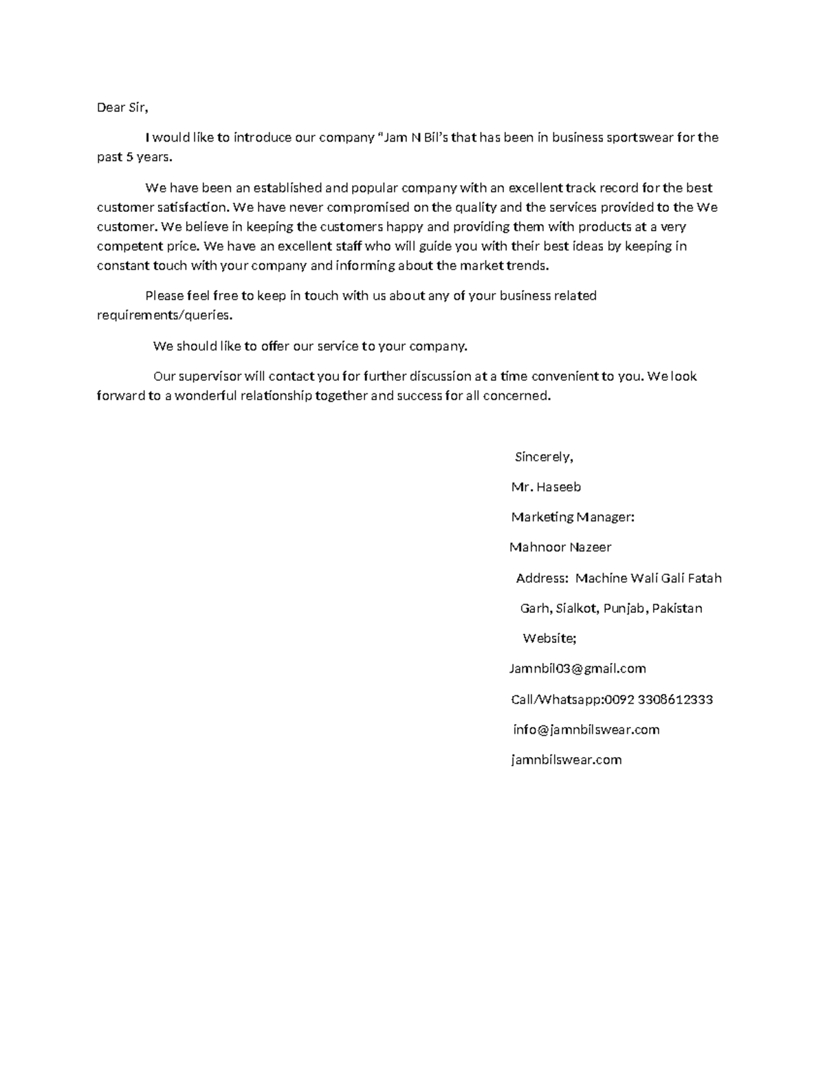 Pakistan - hjkh - Dear Sir, I would like to introduce our company “Jam ...