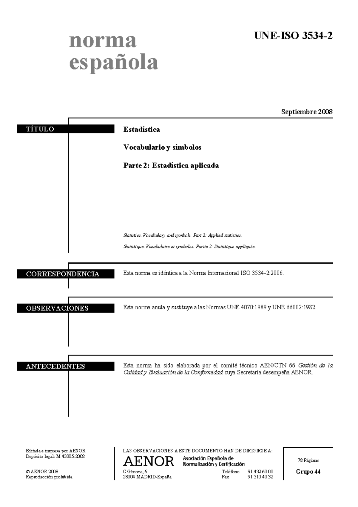 UNE-ISO 3534-2=2008 - UNE-ISO 3534-2=2008 - UNE-ISO 3534- norma ...