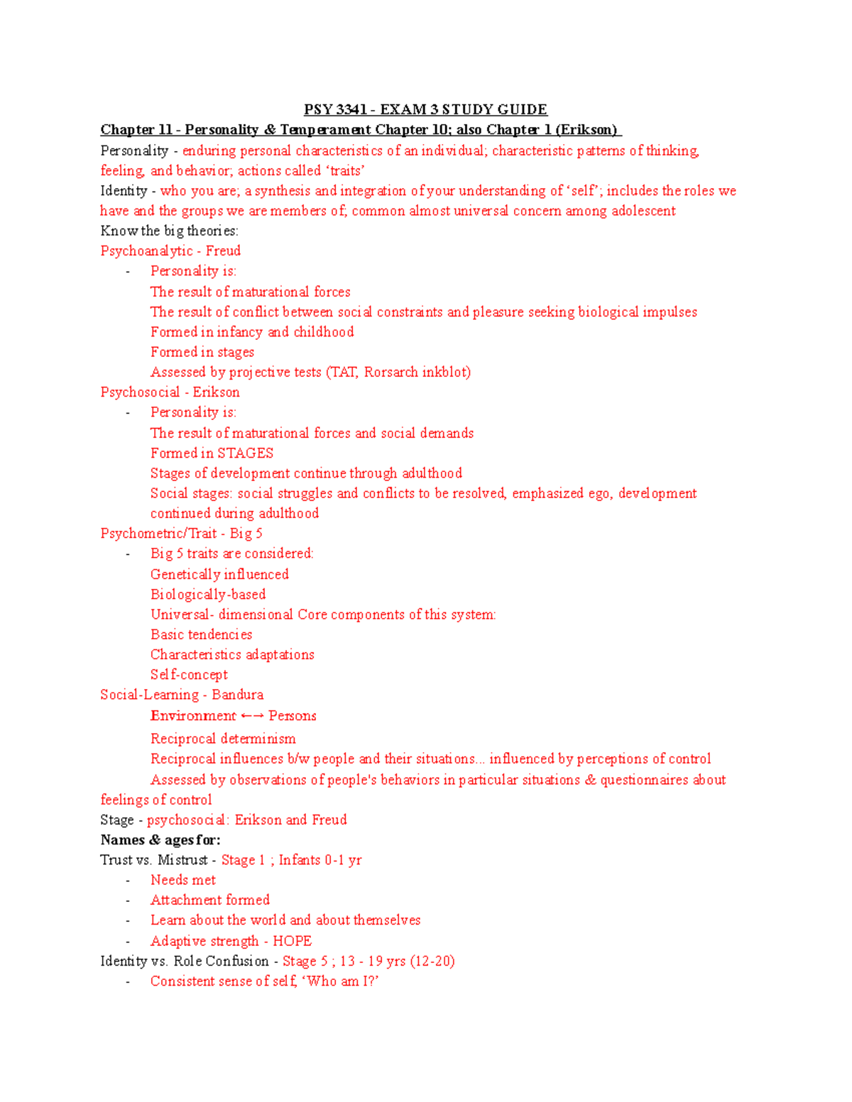 Human Development Exam 3 Study Guide - PSY 3341 - EXAM 3 STUDY GUIDE Chapter 11 - Personality ...
