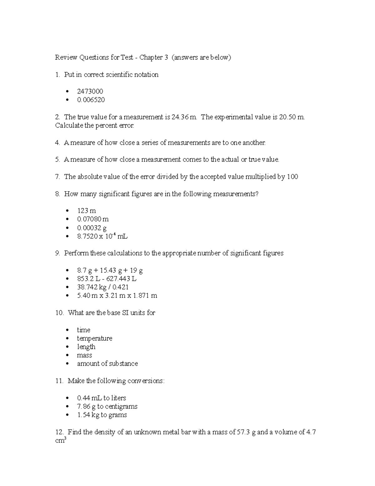 Review Questions for Physics - Review Questions for Test - Chapter 3 ...