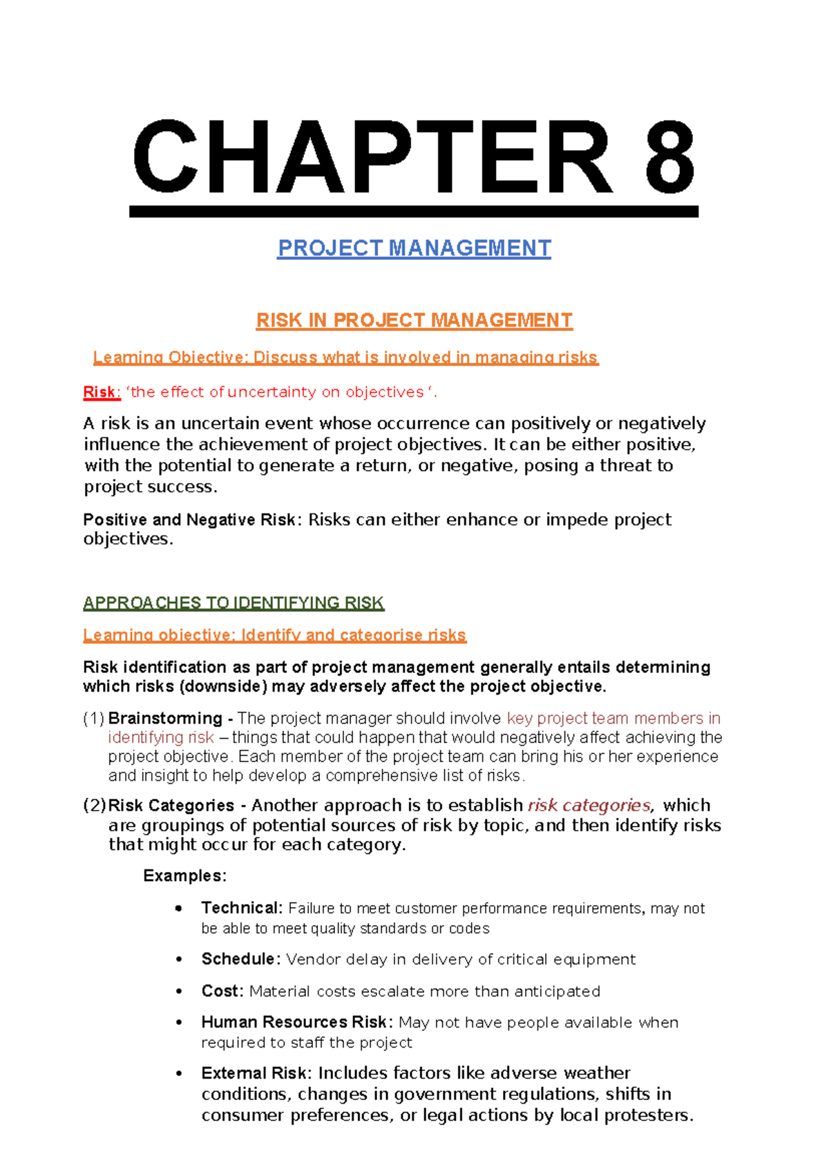 Chapter 8; Project Management - CHAPTER 8 PROJECT MANAGEMENT RISK IN ...