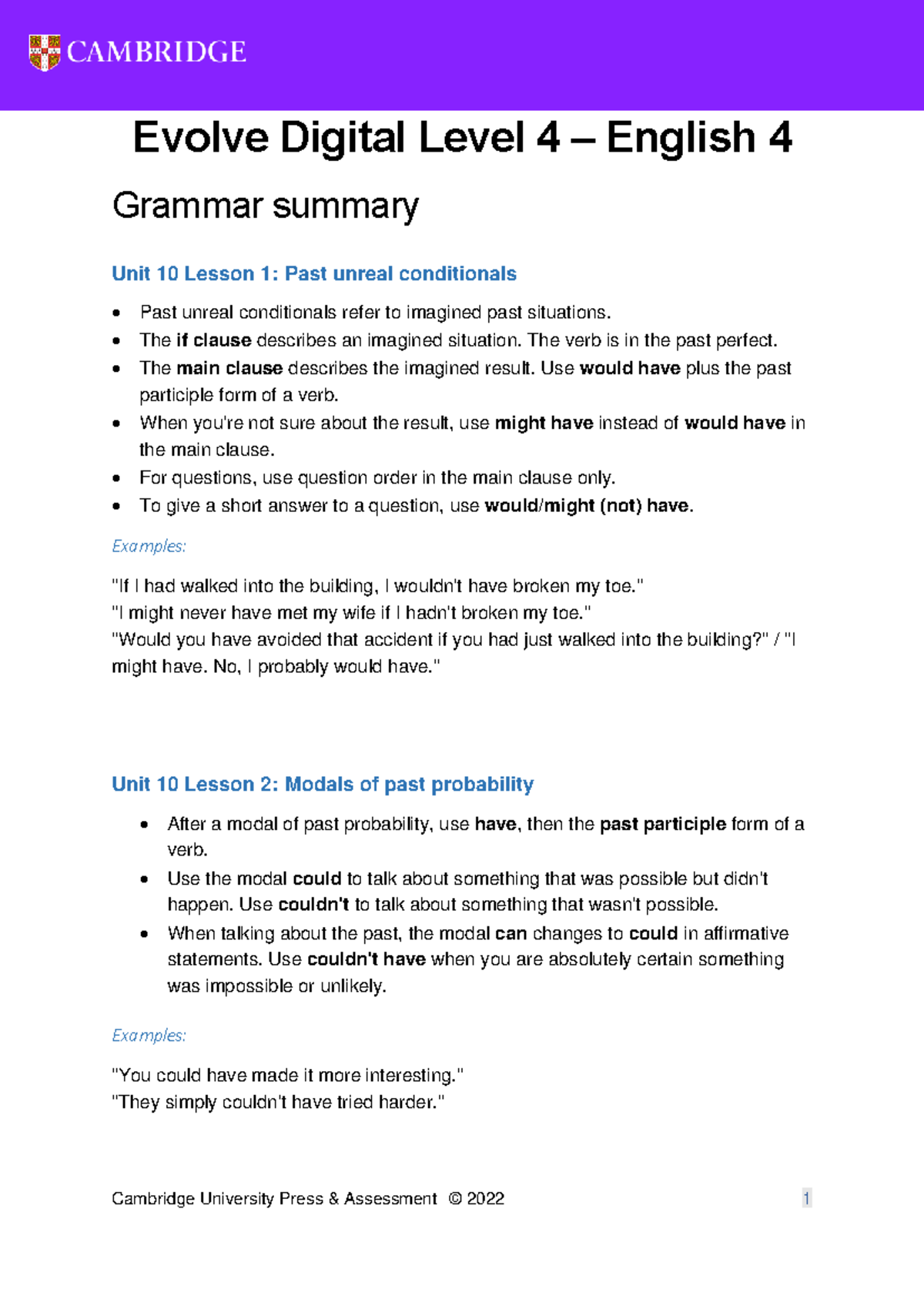 Unit 10- E4 - Gramatica - Cambridge University Press & Assessment © 2022 1 Evolve Digital Level ...