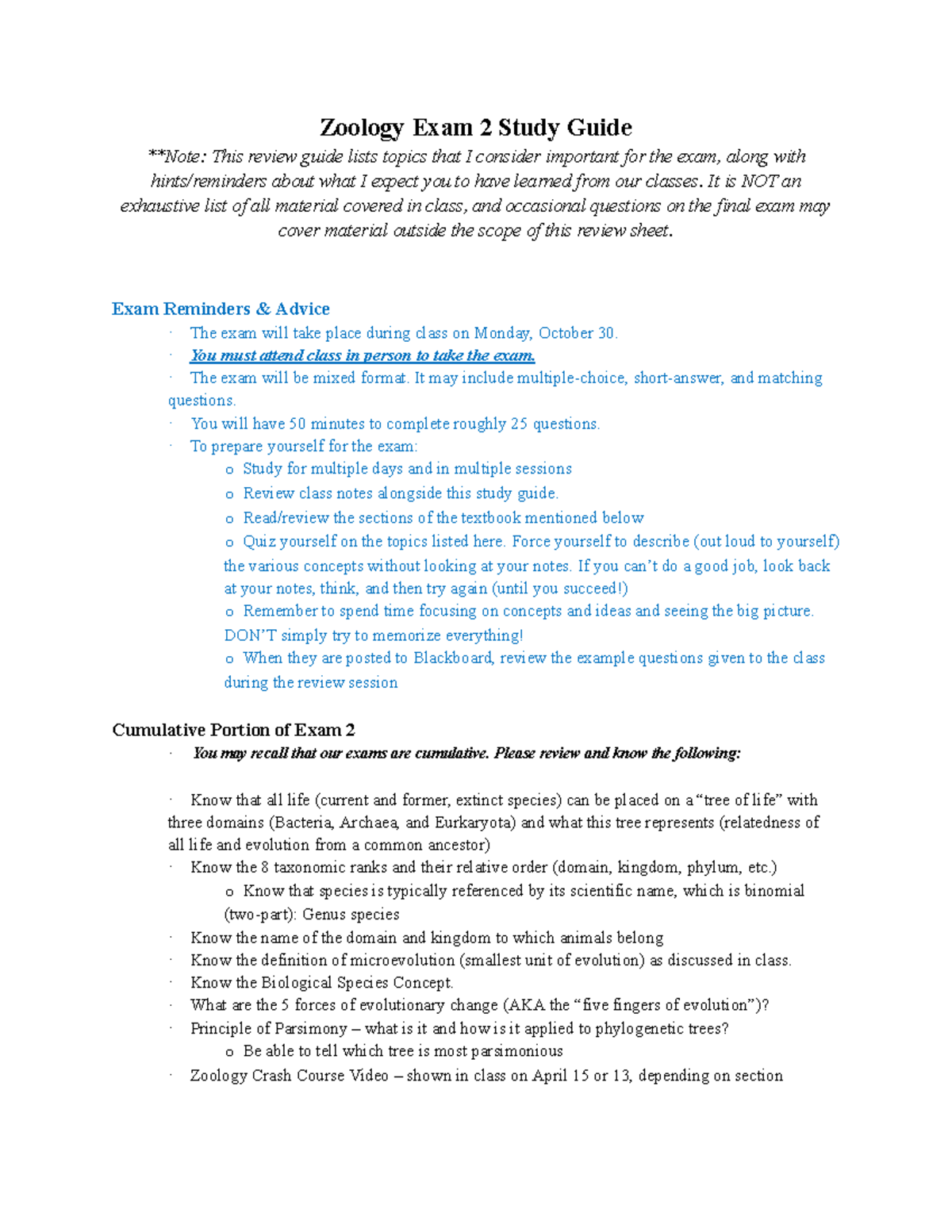 Zoology Exam 2 Study Guide - Zoology Exam 2 Study Guide **Note: This ...