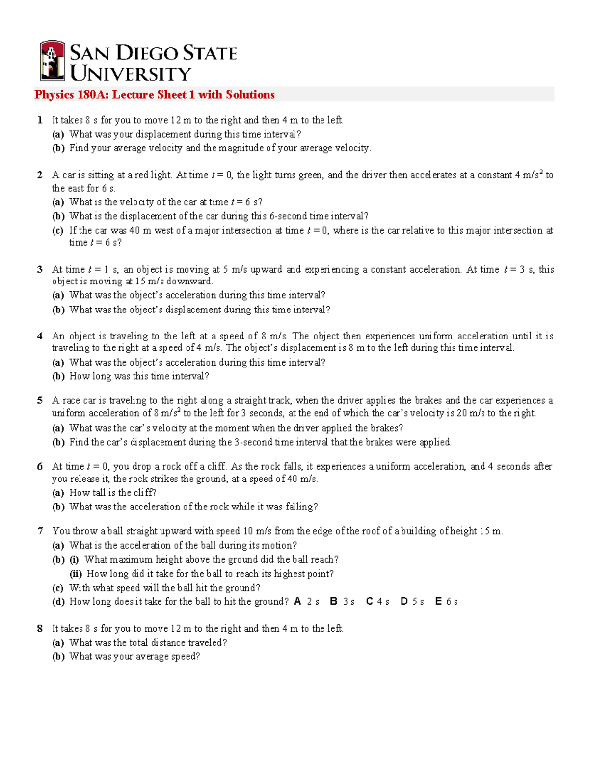 Physics 180A-Lecture Sheet 1 with Solutions - Physics 180A: Lecture ...
