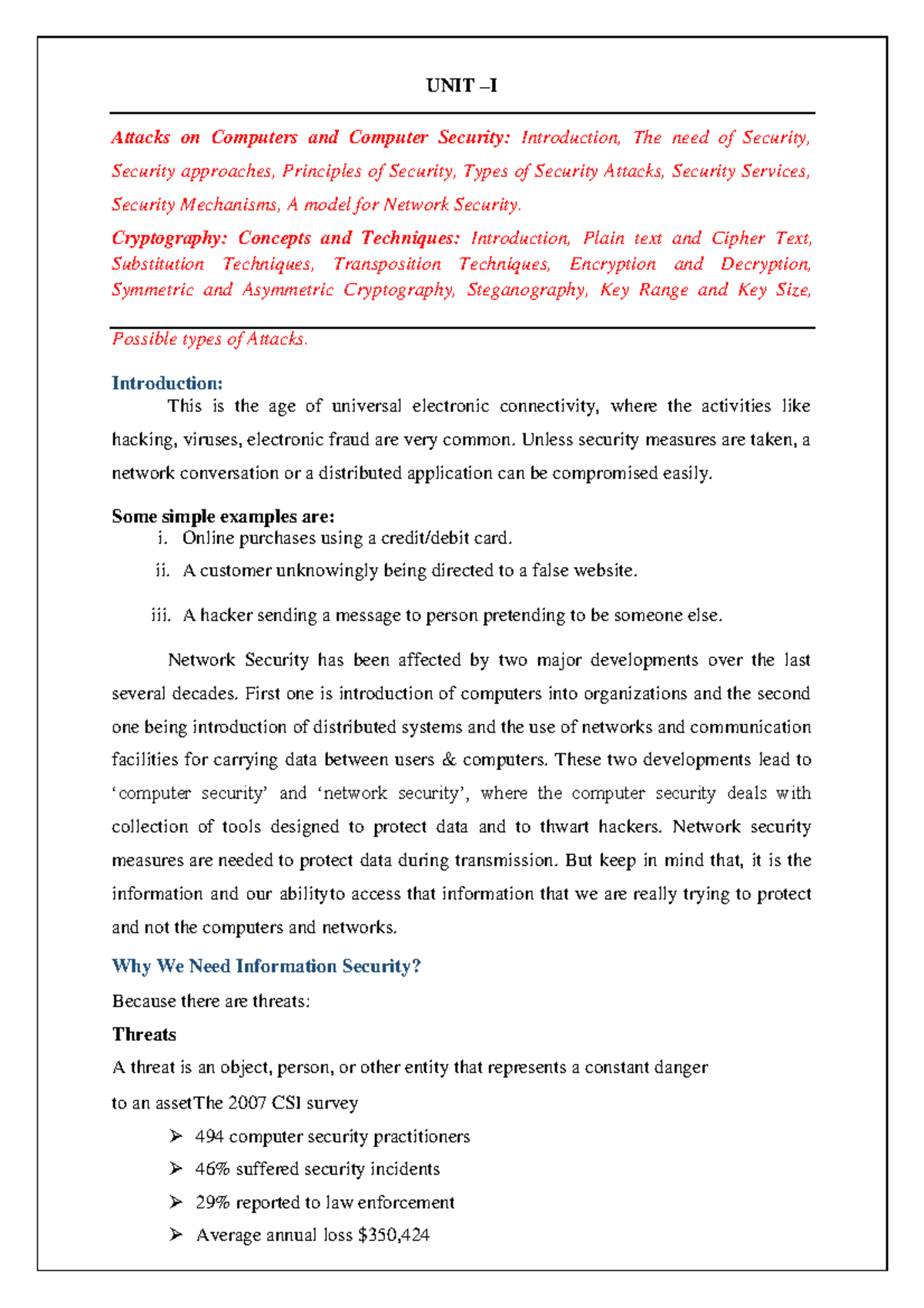 CNS Notes new - CNS All unit - UNIT – I Attacks on Computers and ...