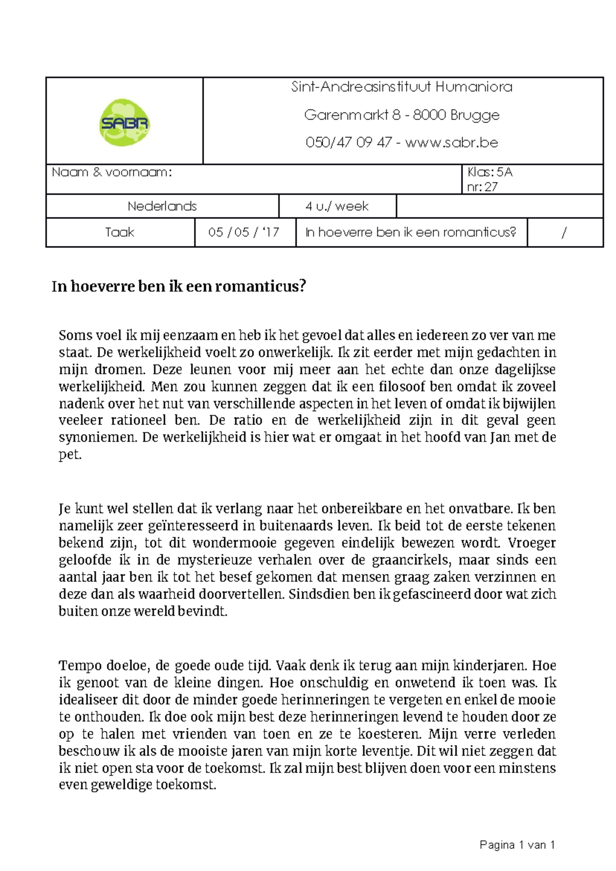 Romanticus - Cijfer: 9 - Sint-Andreasinstituut Humaniora Garenmarkt 8 ...