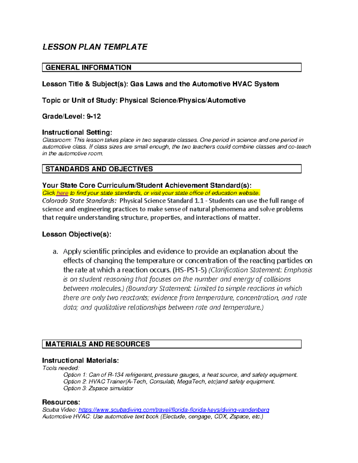 Gas-Laws - Gas Laws LP - LESSON PLAN TEMPLATE GENERAL INFORMATION ...