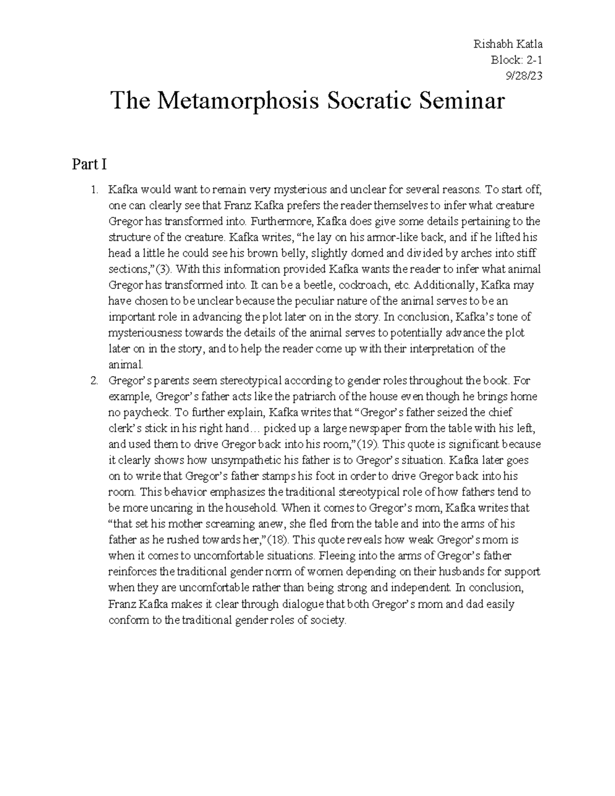 Socratic Seminar - Rishabh Katla Block: 2- 9/28/ The Metamorphosis ...