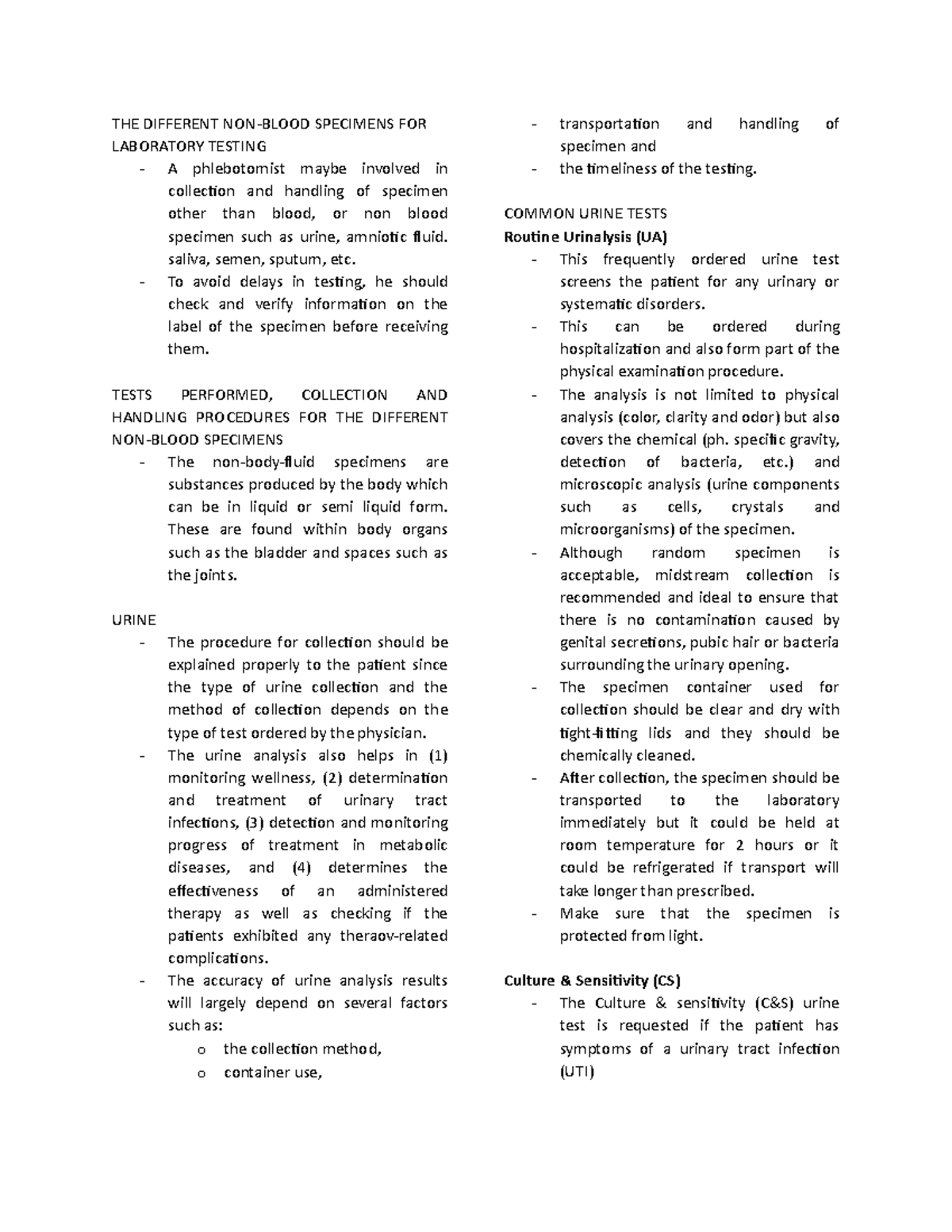Pmlsp LEC Finals - THE DIFFERENT NON-BLOOD SPECIMENS FOR LABORATORY ...