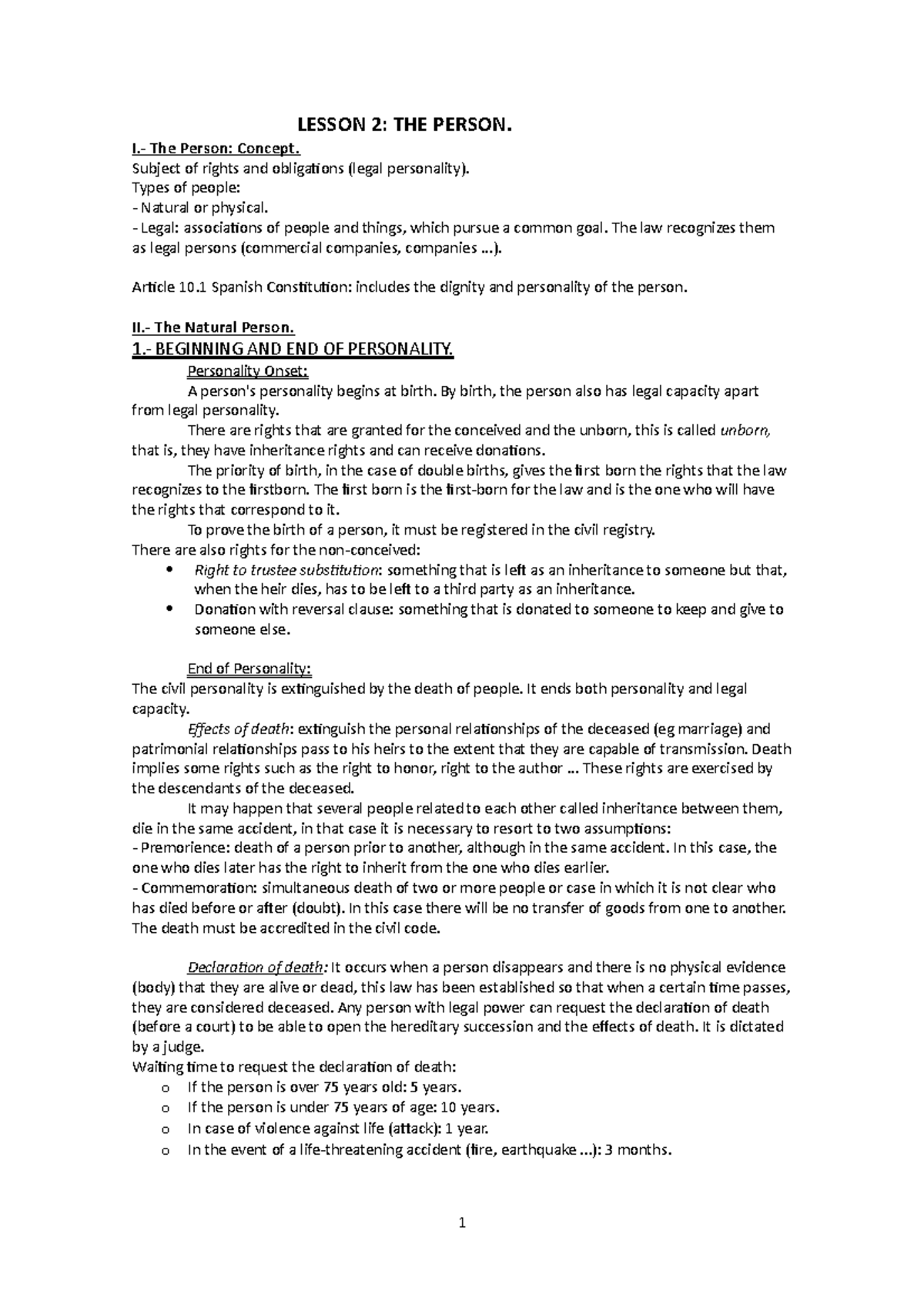 Unit 2 - Lecture notes 2 - LESSON 2: THE PERSON. I.- The Person ...