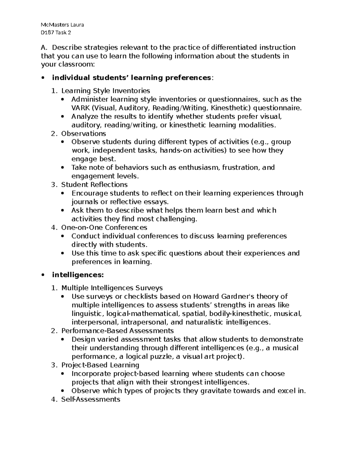 Mc Masters Laura D187 Task 2 - D187 Task 2 A. Describe strategies ...
