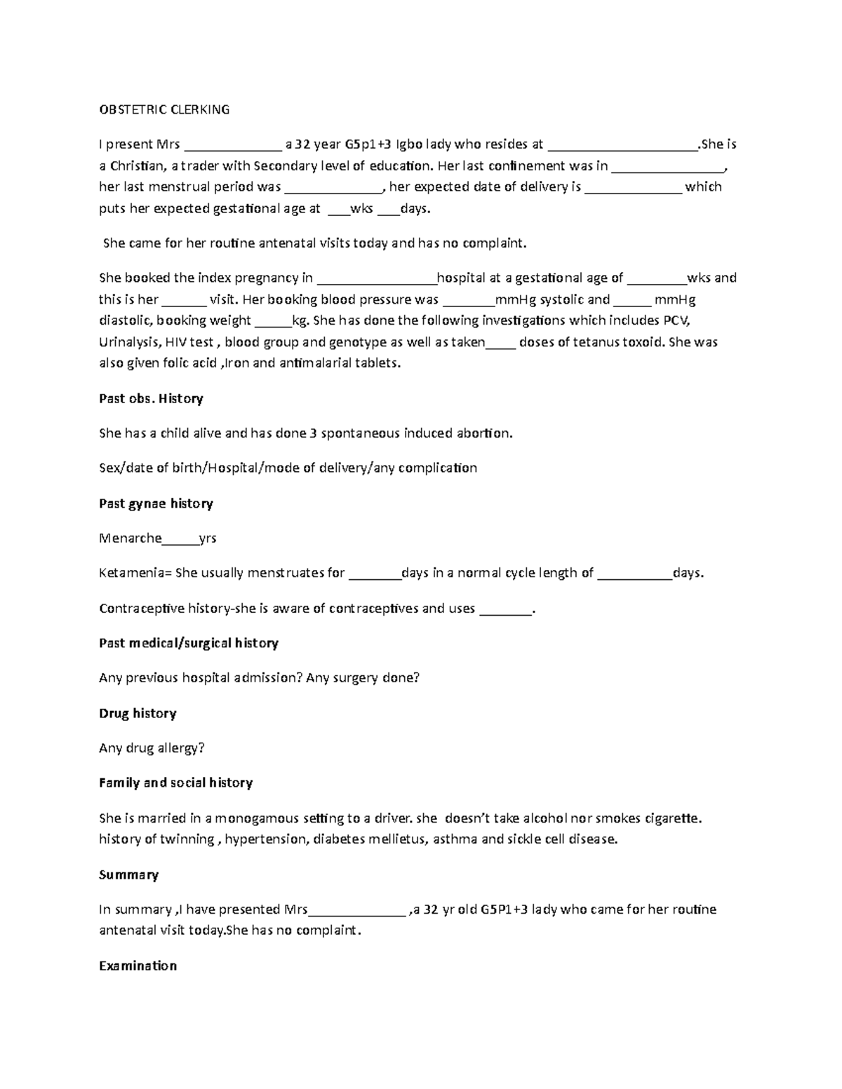 Clerking template - For the care of women - OBSTETRIC CLERKING I ...