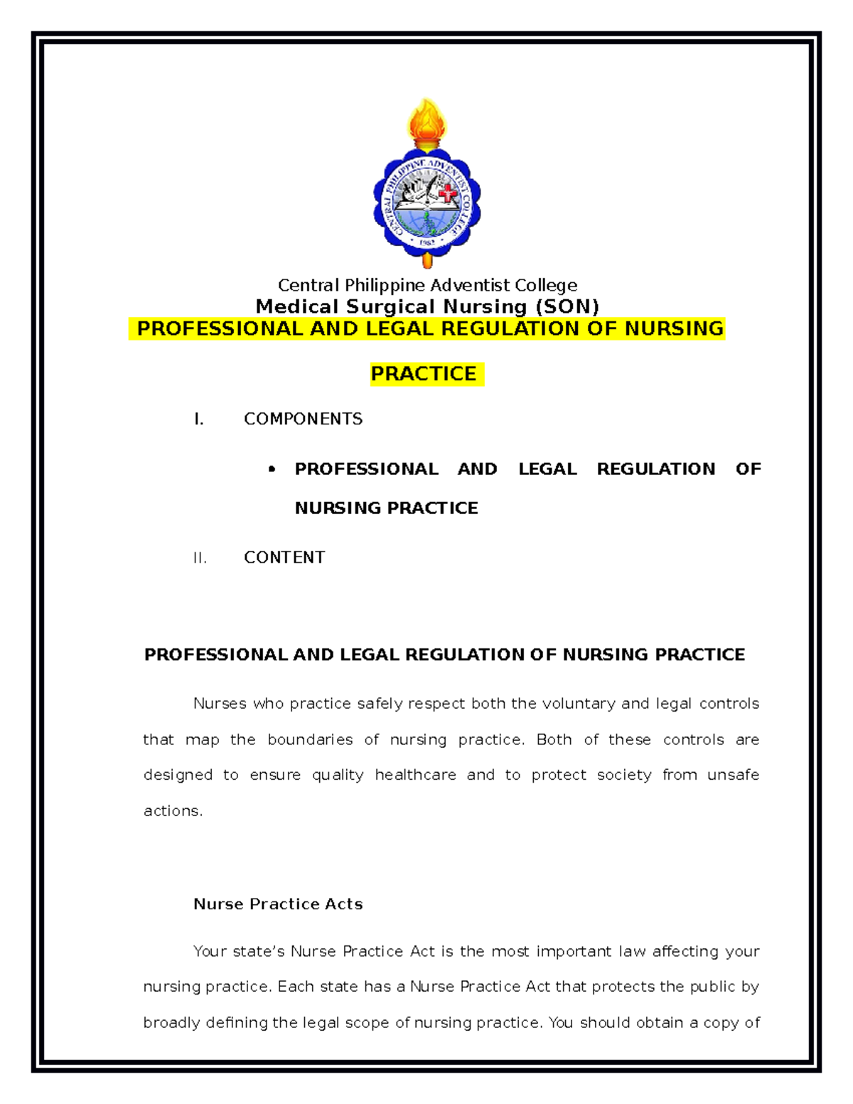 Professional and Legal Regulation of Nursing Practice - Central ...