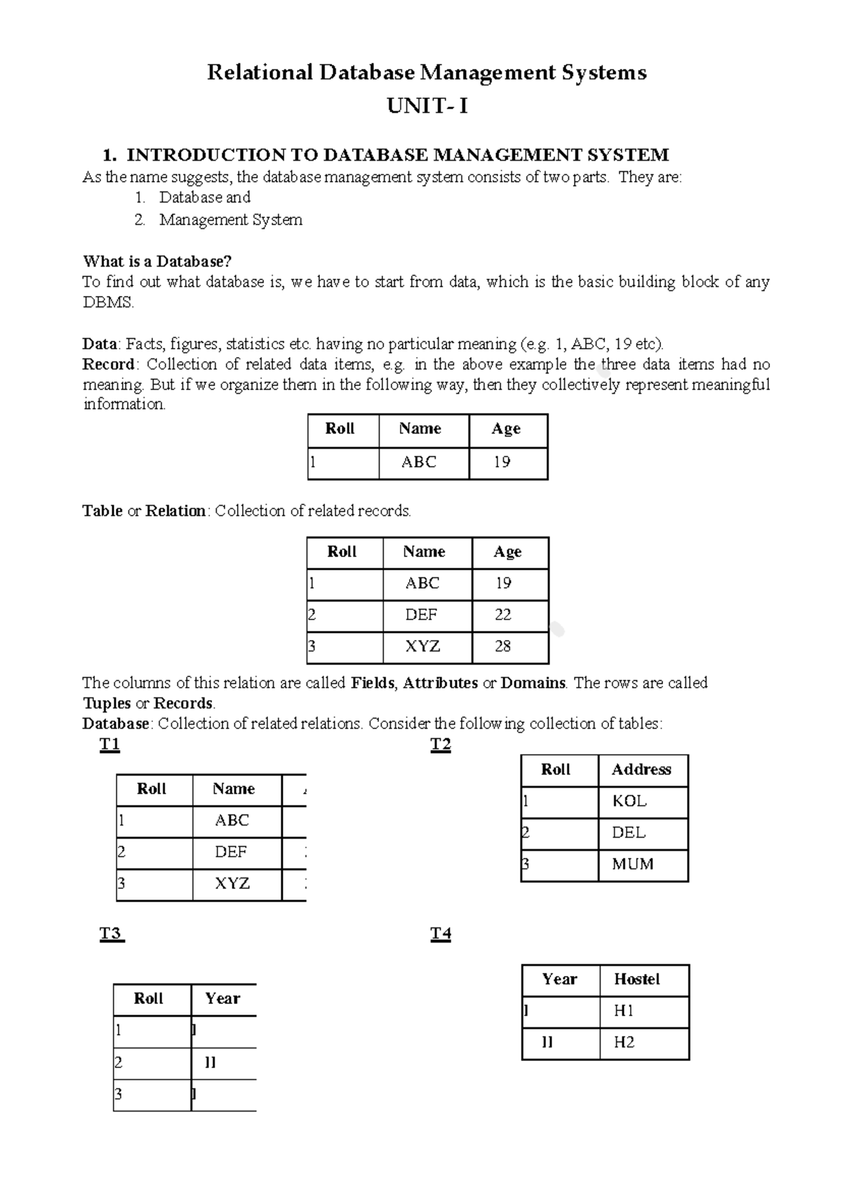 Rdbms Unit-1 and 2 - Relational Database Management Systems UNIT- I 1. INTRODUCTION TO DATABASE ...