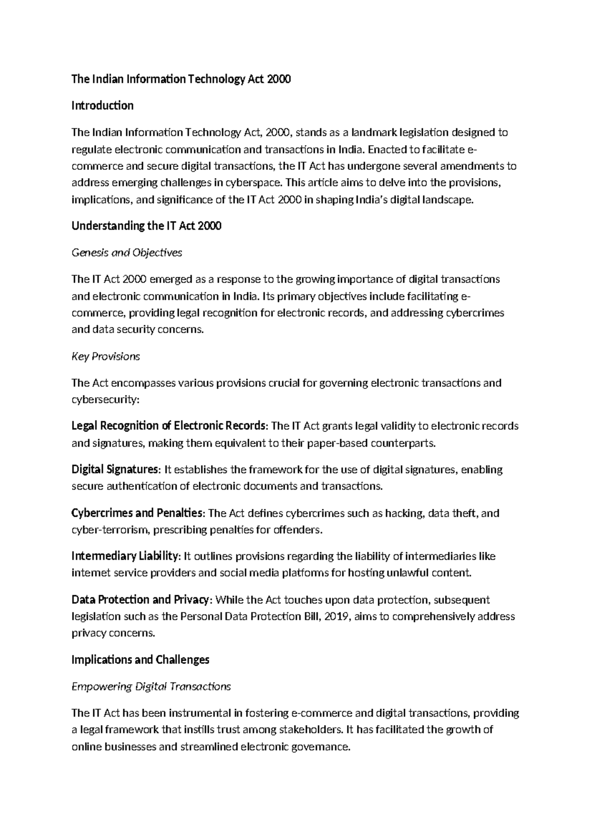 Assignment - The Indian Information Technology Act 2000 - The Indian ...