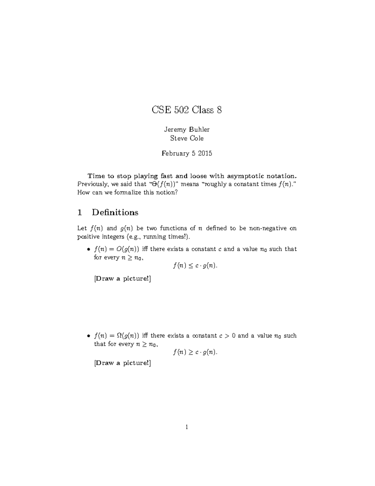 Cse502 2014 2015 Lecture Notes 8 Asymptotic Notation Cse 502 Class 8 Jeremy Buhler Steve 3821