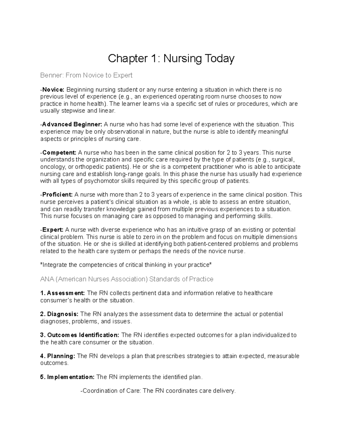 Chapter 1 Notes - Prof. Forde - Chapter 1: Nursing Today Benner: From ...