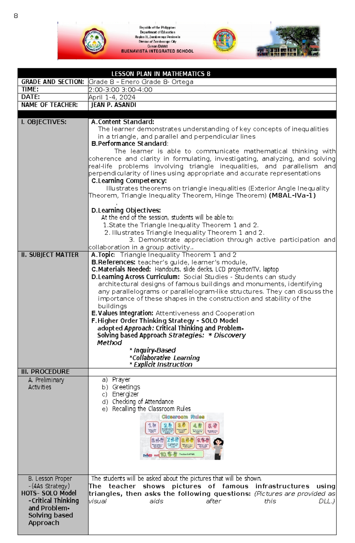 Grade-8-LP 4QW1-HOTS-SOLO - 8 LESSON PLAN IN MATHEMATICS 8 GRADE AND ...