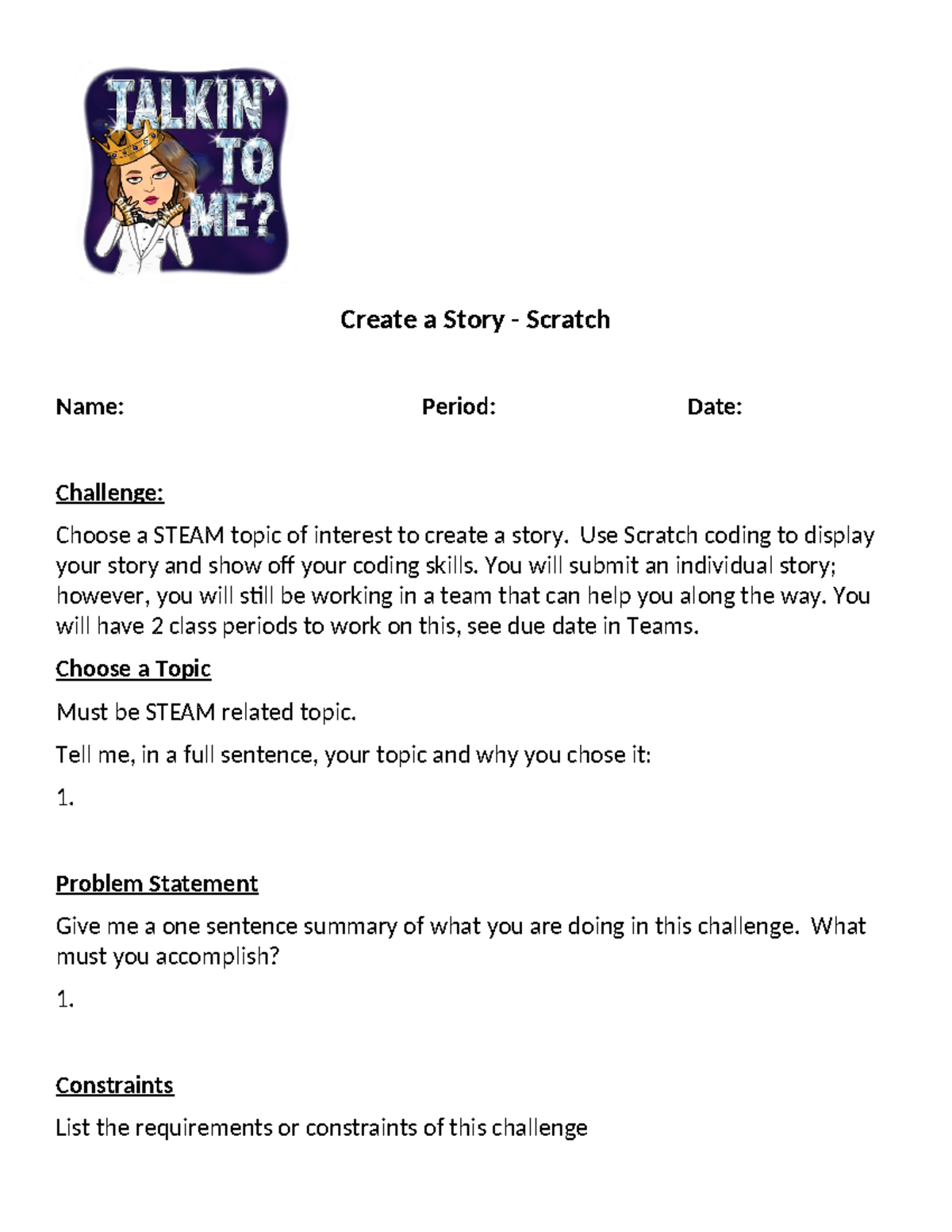 Student Form Create a Story - Scratch - Create a Story - Scratch Name ...