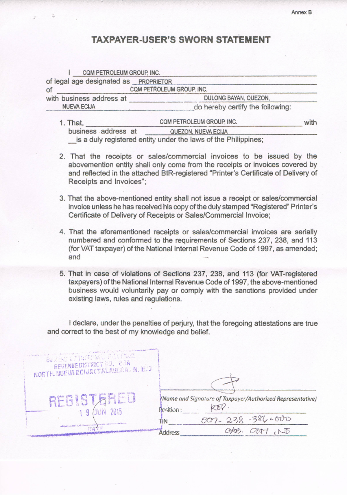 Taxpayer-USER Sworn Statement - Business Tax - Studocu