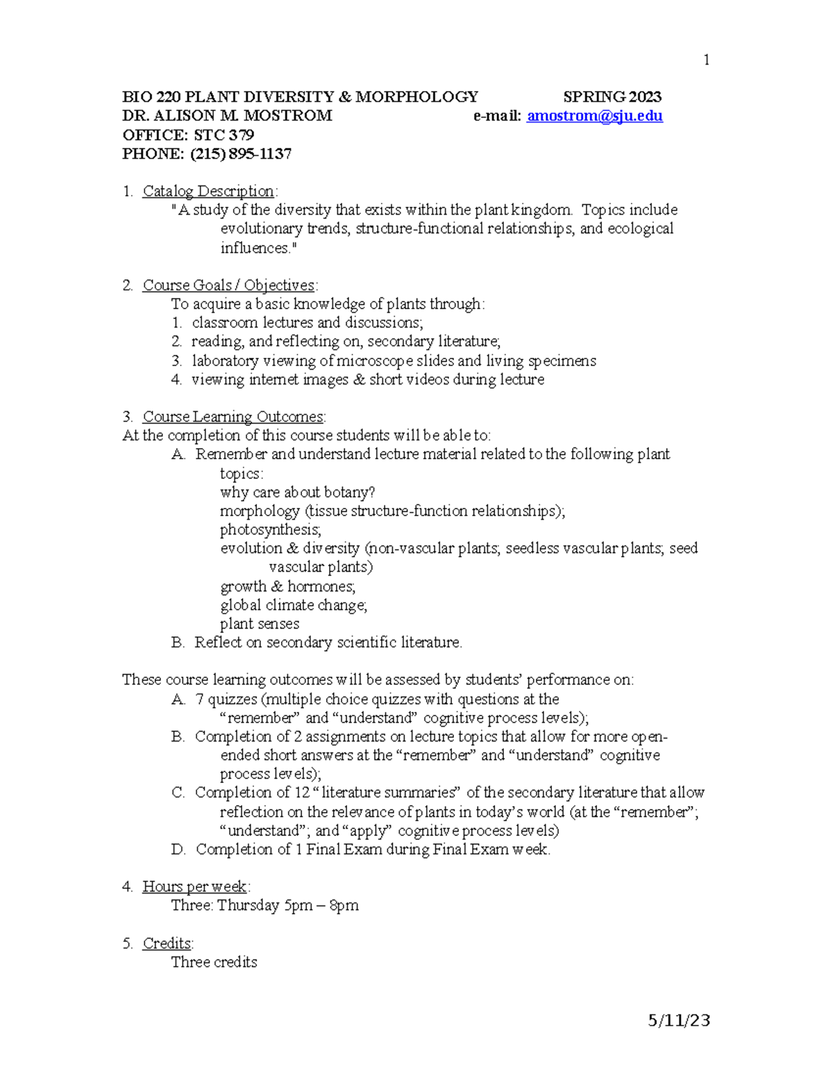 A.bs220 Syllabus for 2023 011923 - BIO 220 PLANT DIVERSITY & MORPHOLOGY ...