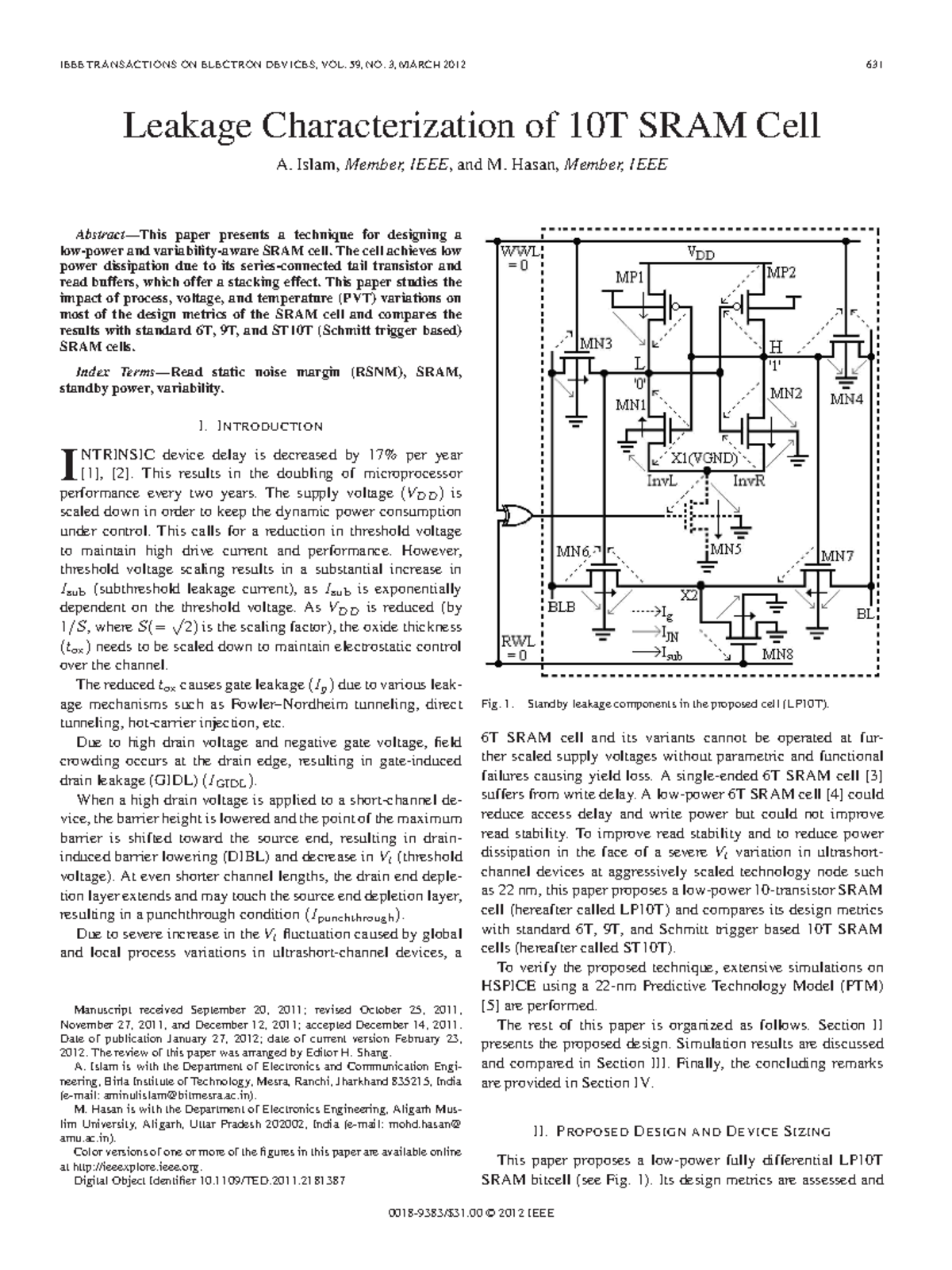A Islam Mohd Hasan Leakage characterizat - Leakage Characterization of 10T SRAM Cell A. Islam ...