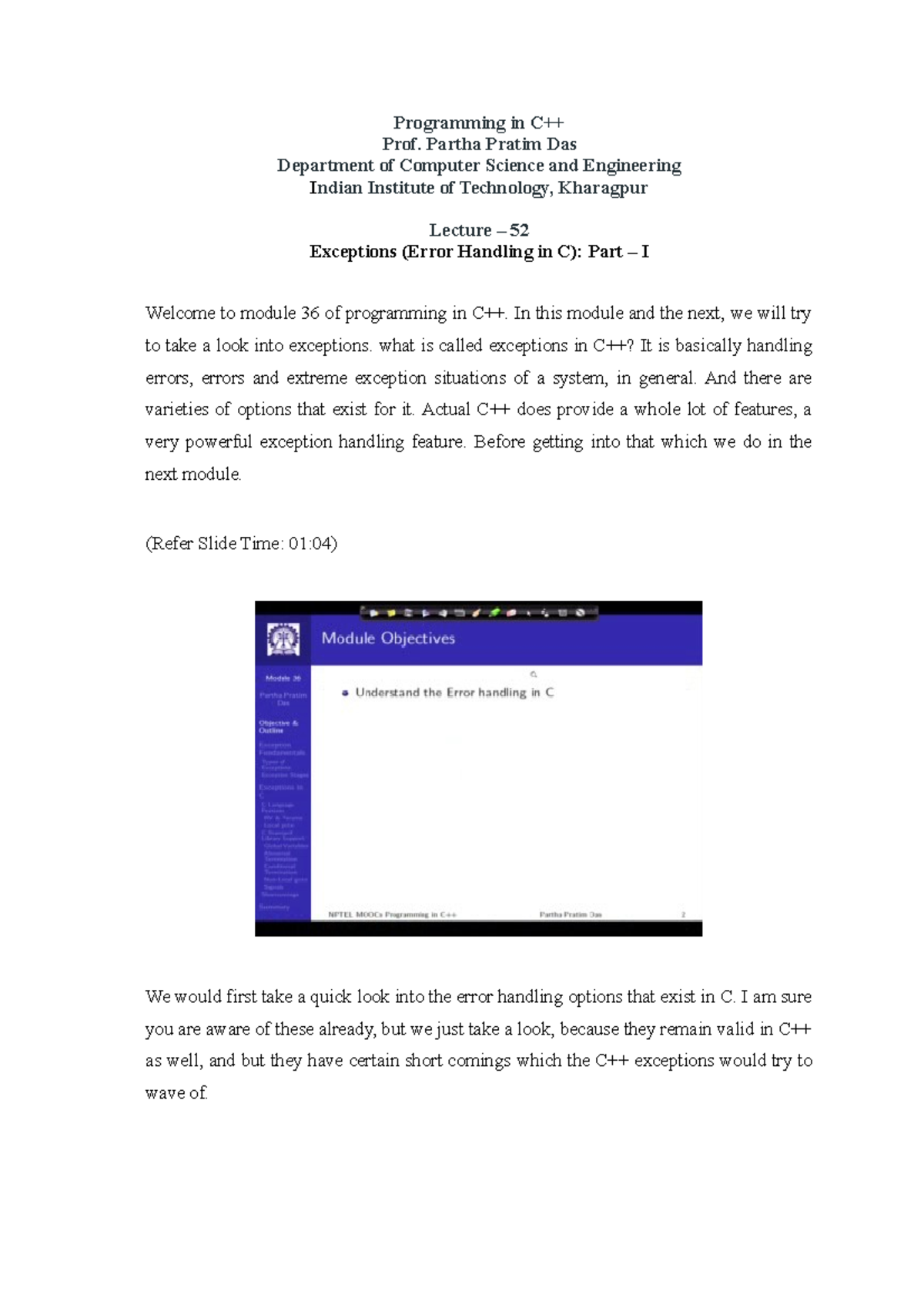 Lec 52 Module 36 Exceptions (Error Handling in C) Part I (Lecture 52) - Programming in C++ Prof ...