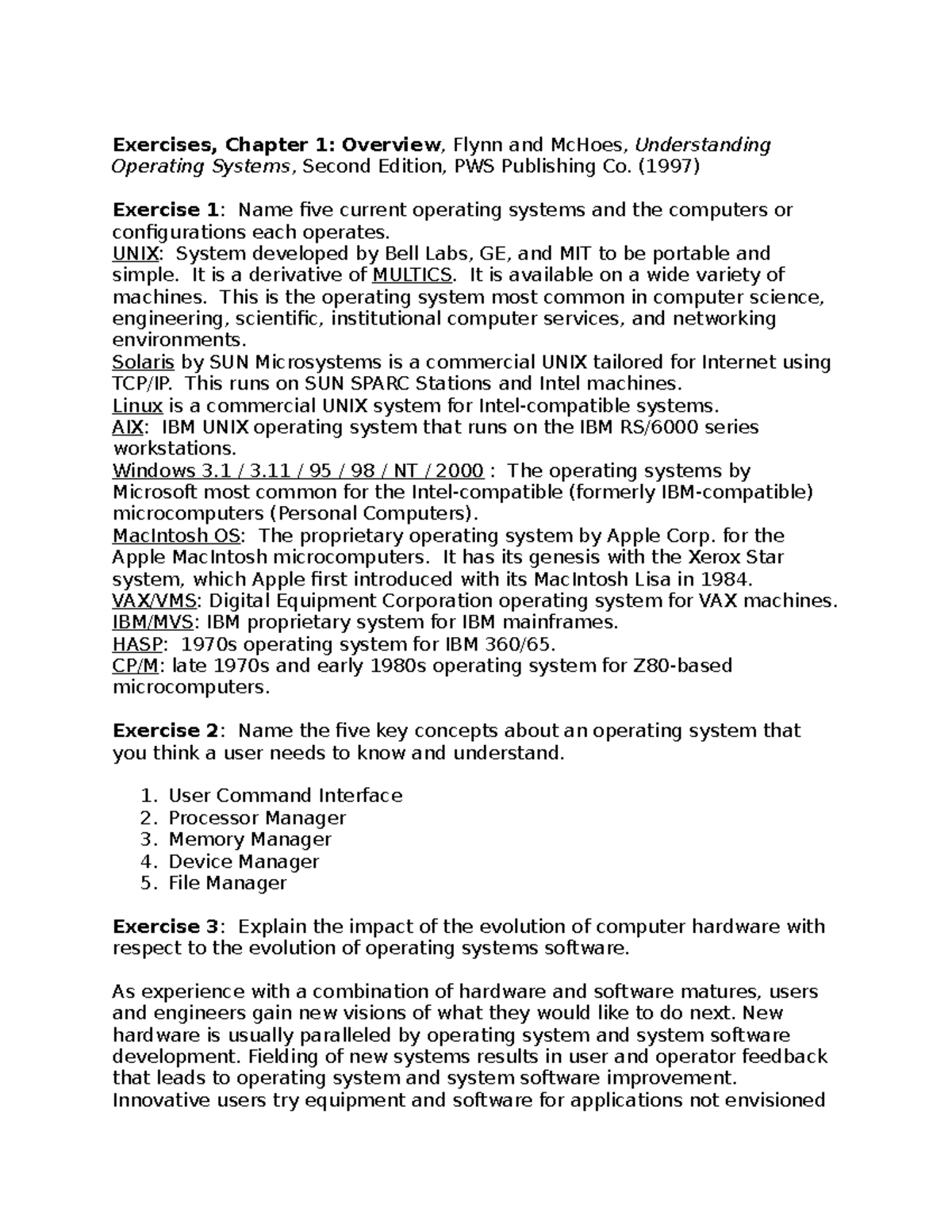 Os ch1 - hello - Exercises, Chapter 1: Overview, Flynn and McHoes ...