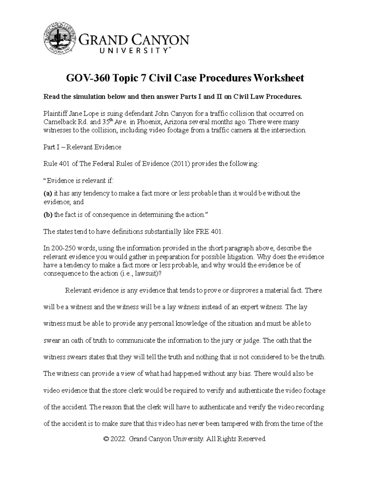GOV-360 Topic 7 Civil Case Procedures Worksheet (PR) - Plaintiff Jane ...