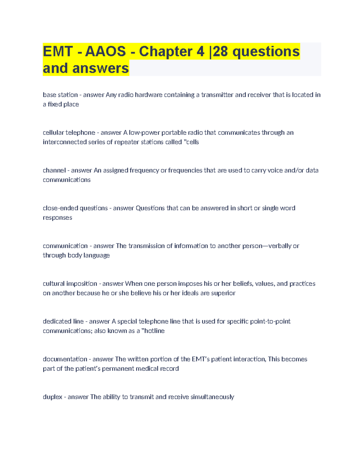 EMT - AAOS - Chapter 4 28 questions and answers - EMT - AAOS - Chapter ...