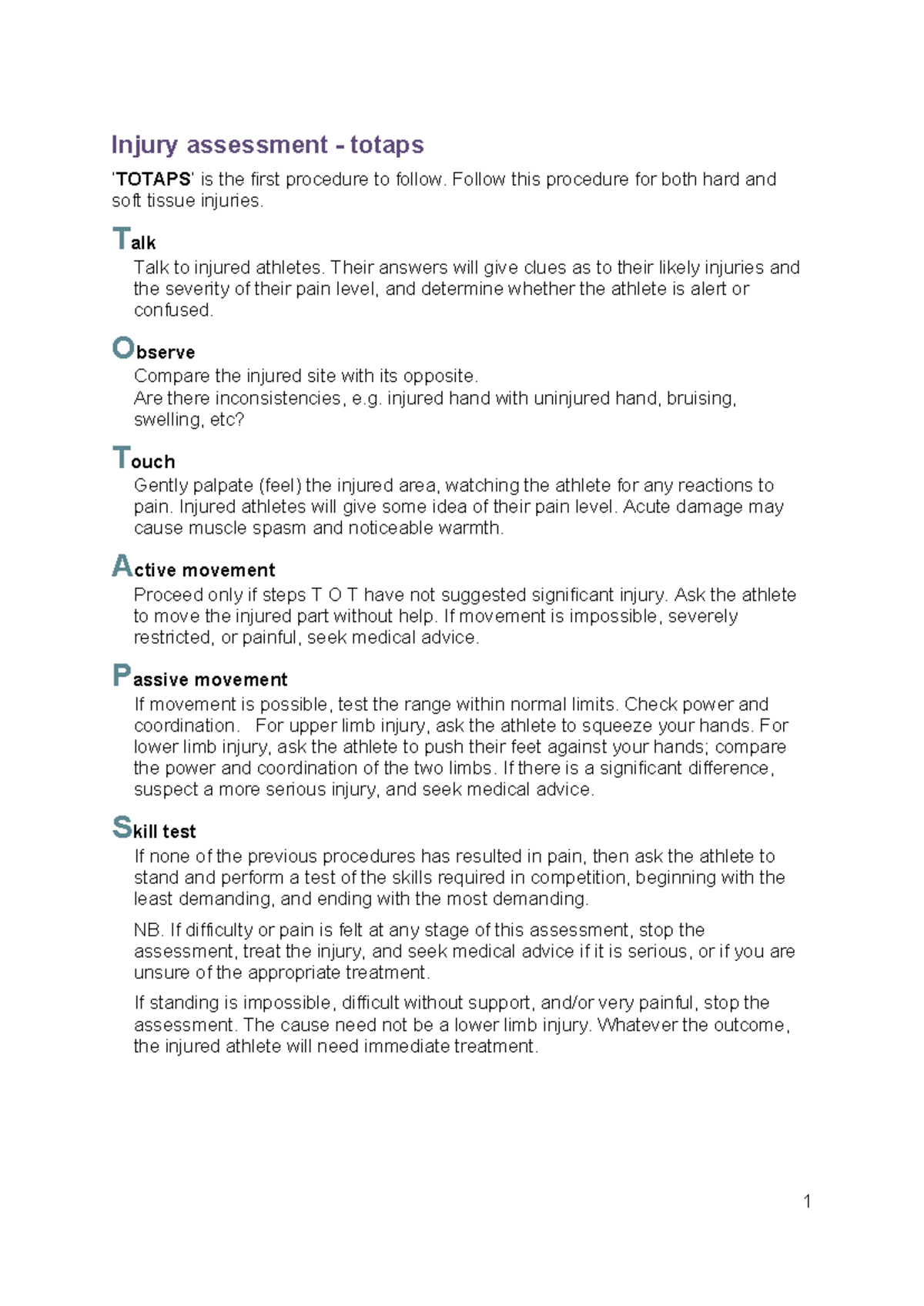 9d injuries assessment totaps - Injury assessment - totaps ‘TOTAPS’ is ...