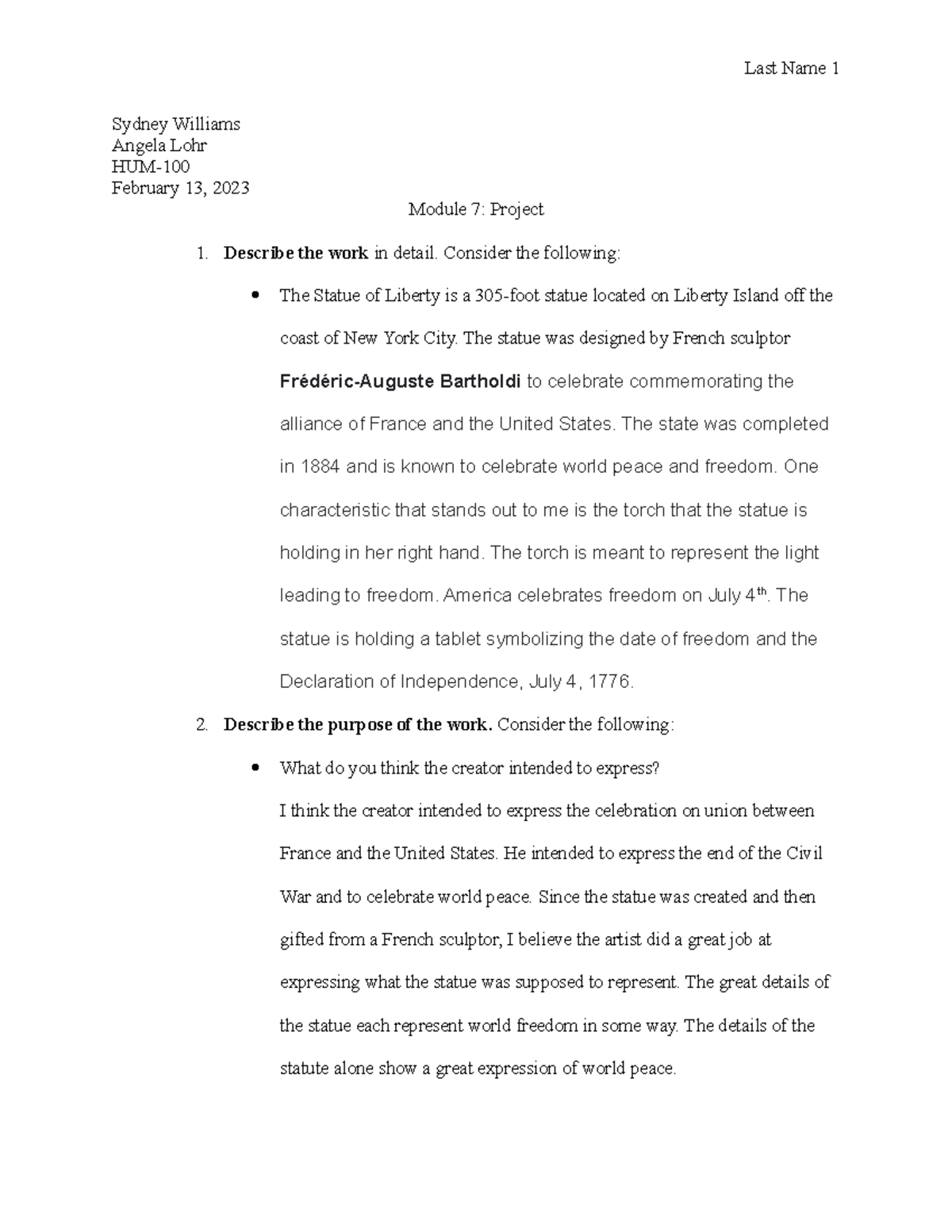 Hum 100 module 7 project - Sydney Williams Angela Lohr HUM- February 13 ...