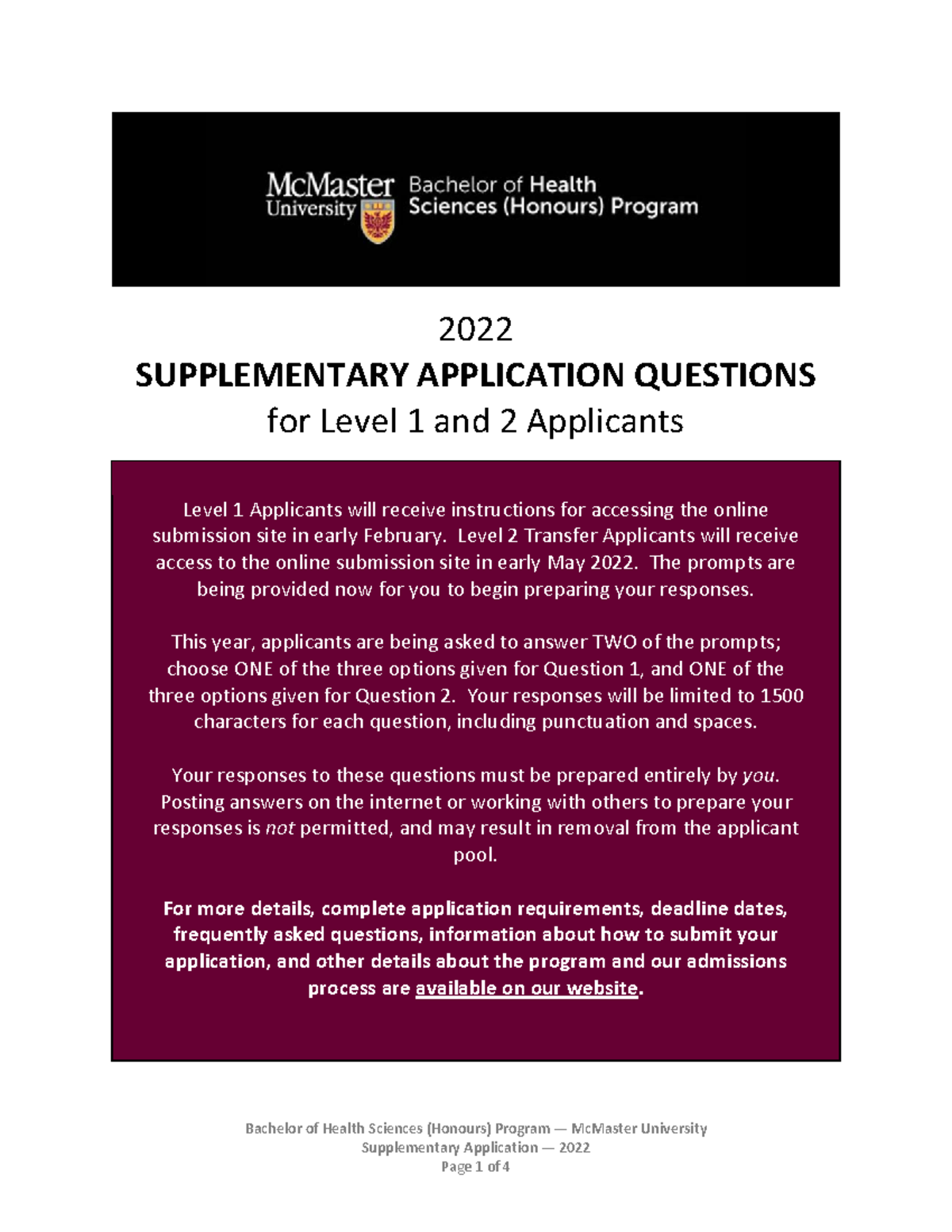 BHSc (Hons) Program 2022 Supplementary Application Questions - 2B03 ...