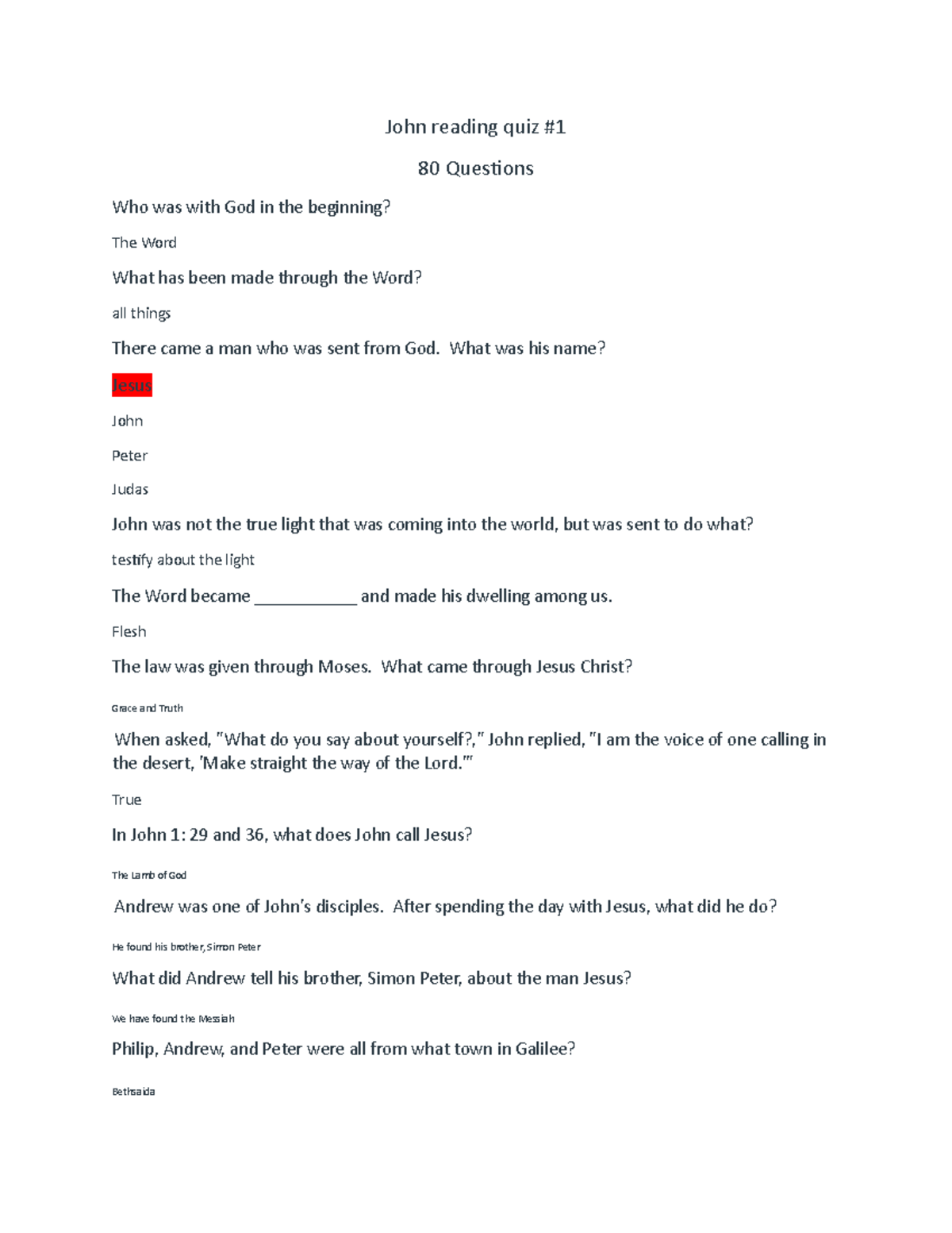 John reading quiz #1 - quiz answers - John reading quiz 80 Questions ...