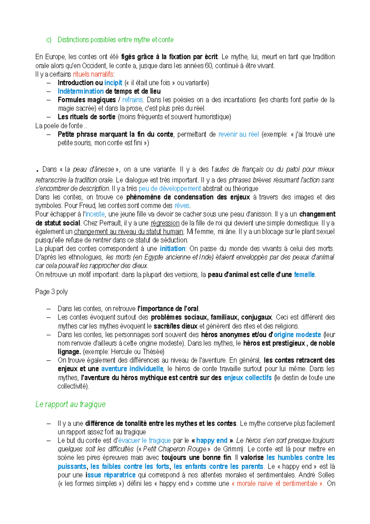 Cours 3 - prise de notes - c) Distinctions possibles entre mythe et ...