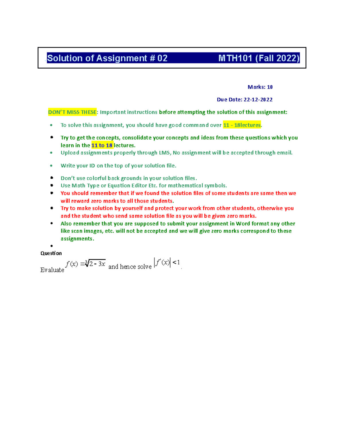Fall 2022 MTH101 2 - Yes - .Solution of Assignment # 02 MTH101 (Fall ...