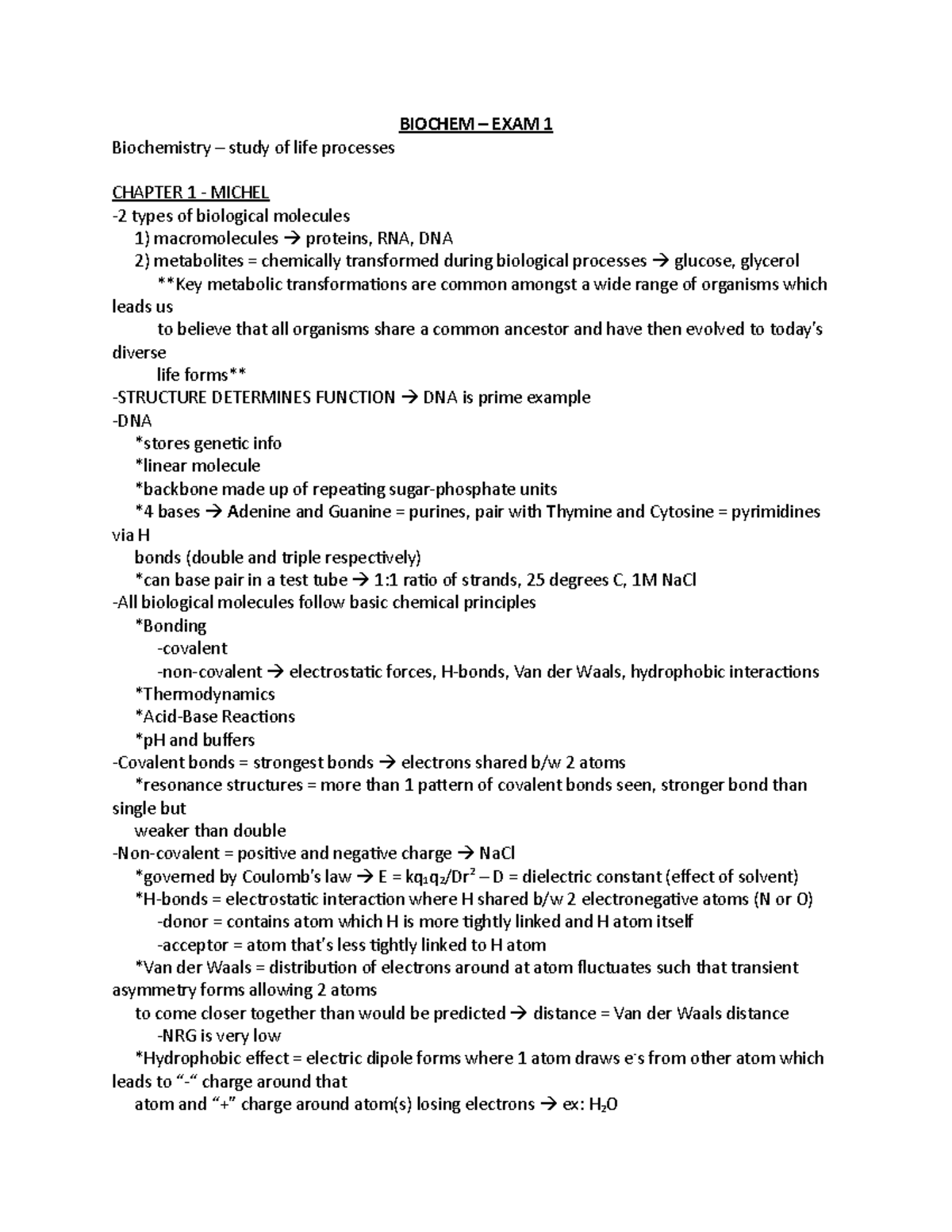 Biochem Exam 1 Study Guide BIOCHEM EXAM 1 Biochemistry Study Of