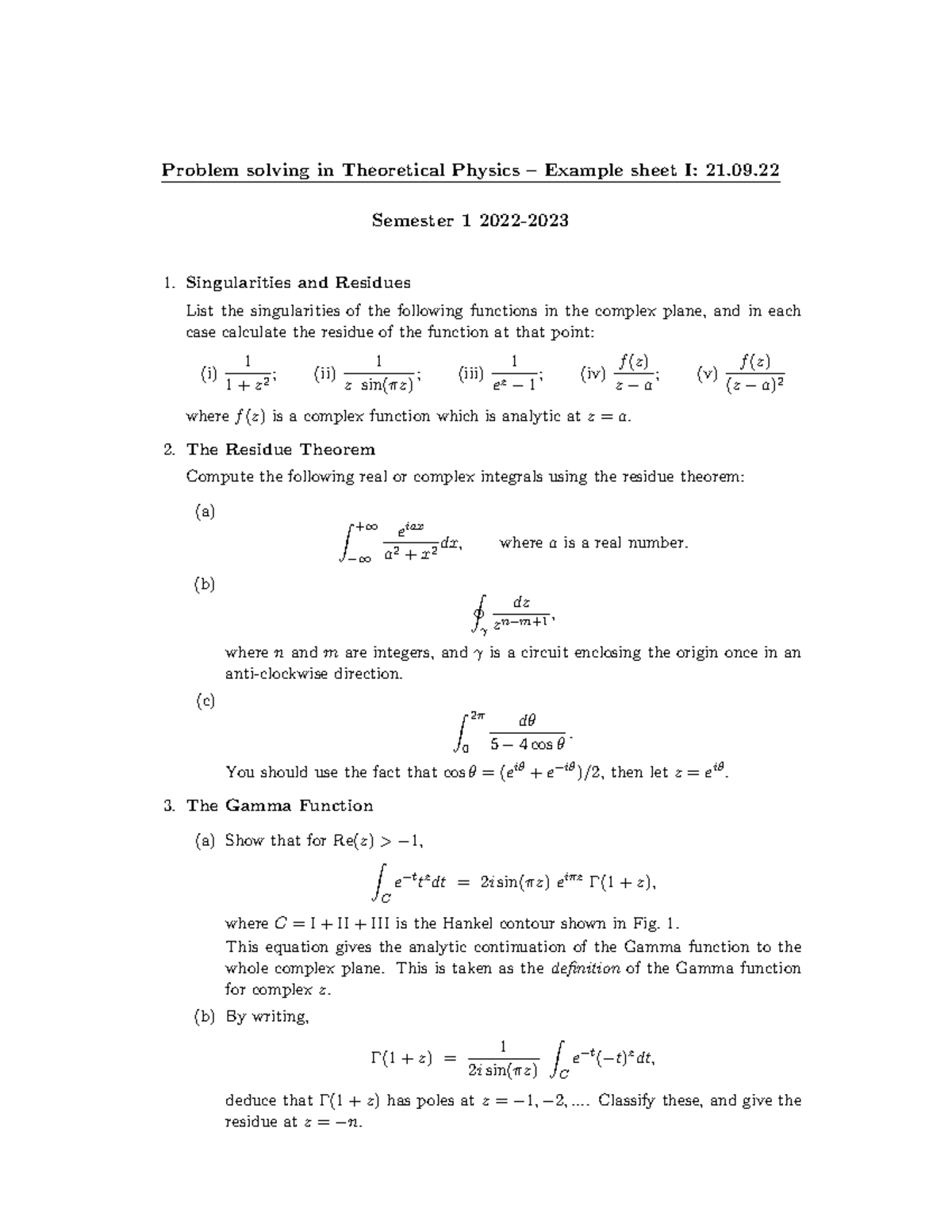 Prob I 220921 - Examples questions on complex analysis - Problem solving in Theoretical Physics ...