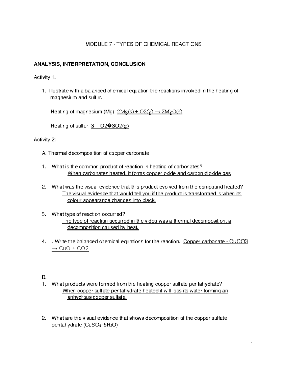 Module 7 - Types OF Chemical Reactions - 1 MODULE 7 - TYPES OF CHEMICAL ...