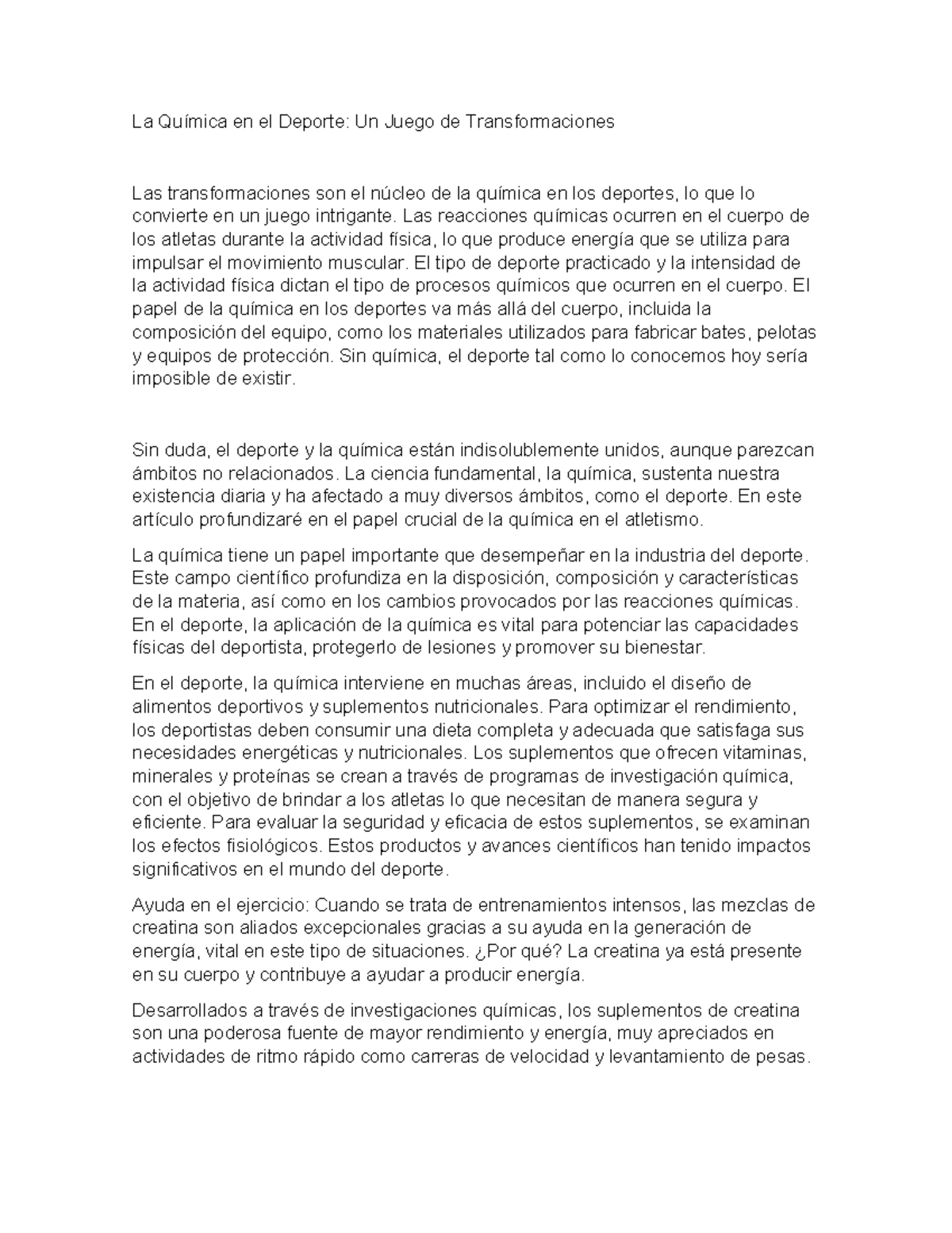 Química en el Deporte - Las reacciones químicas ocurren en el cuerpo de ...