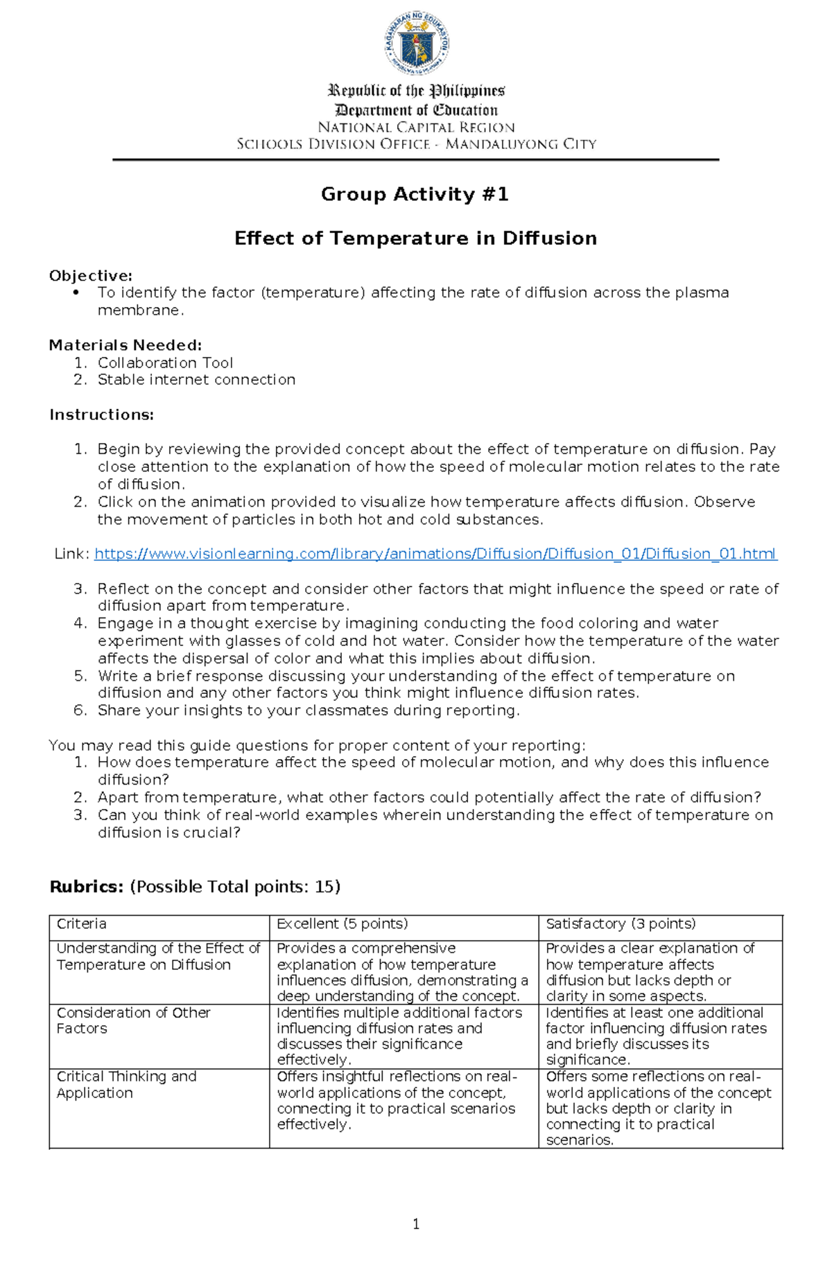 Group #1 Temperature - Group Activity Effect of Temperature in ...