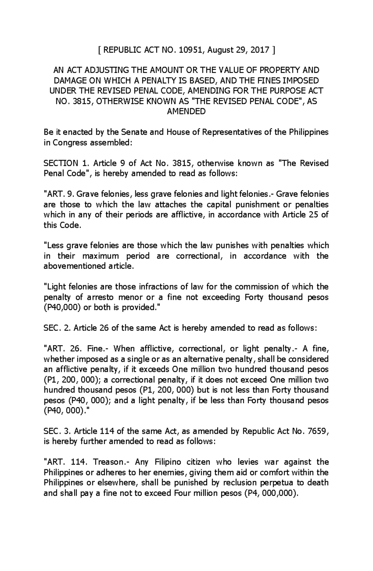 RPC Adjusted Penalties - [ REPUBLIC ACT NO. 10951, August 29, 2017 ] AN ...