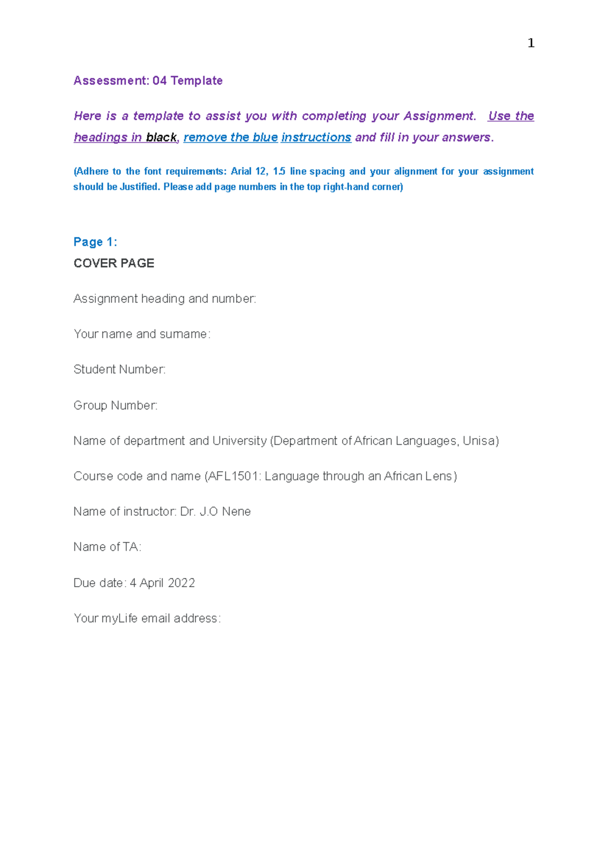 Assessment 04 suggested layout and mark breakdown - Assessment: 04 ...