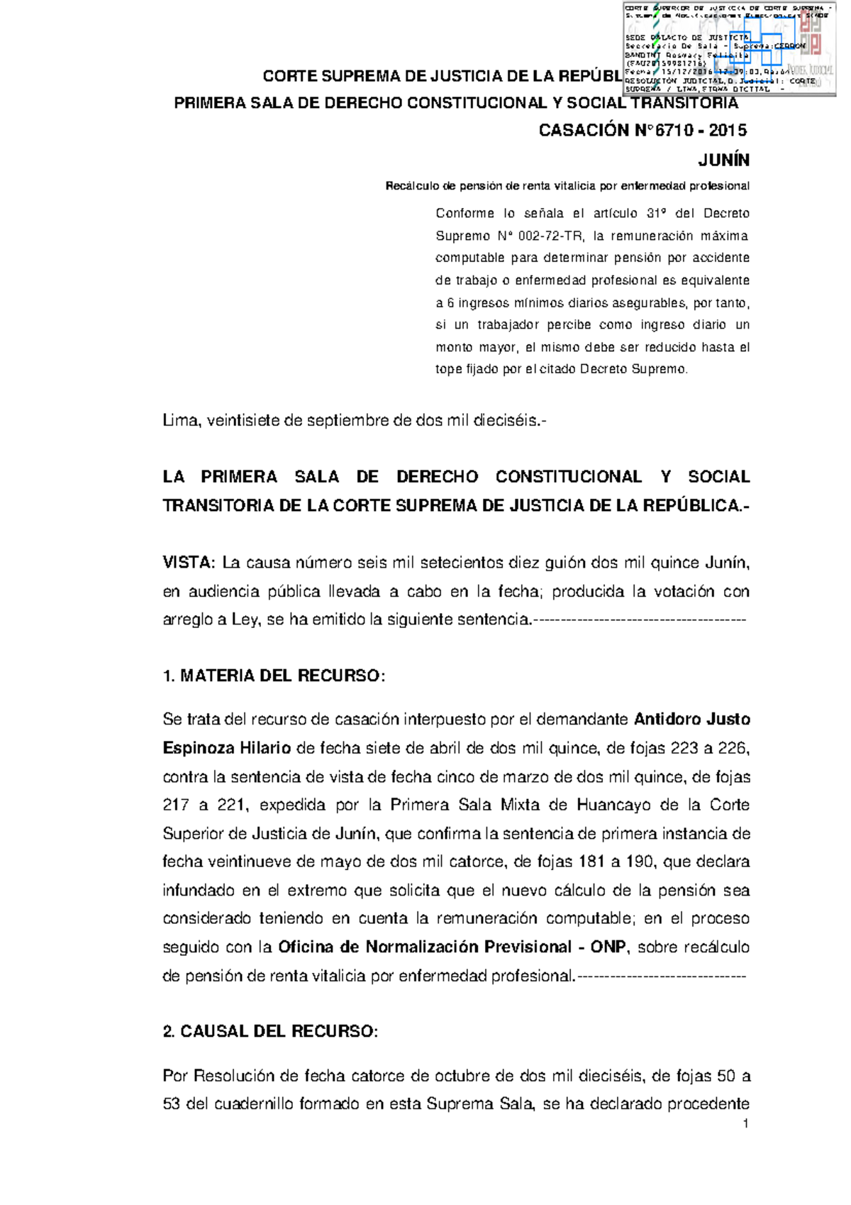 Resolucion 6710+-+2015 - PRIMERA SALA DE DERECHO CONSTITUCIONAL Y SOCIAL TRANSITORIA CASACIÓN N ...
