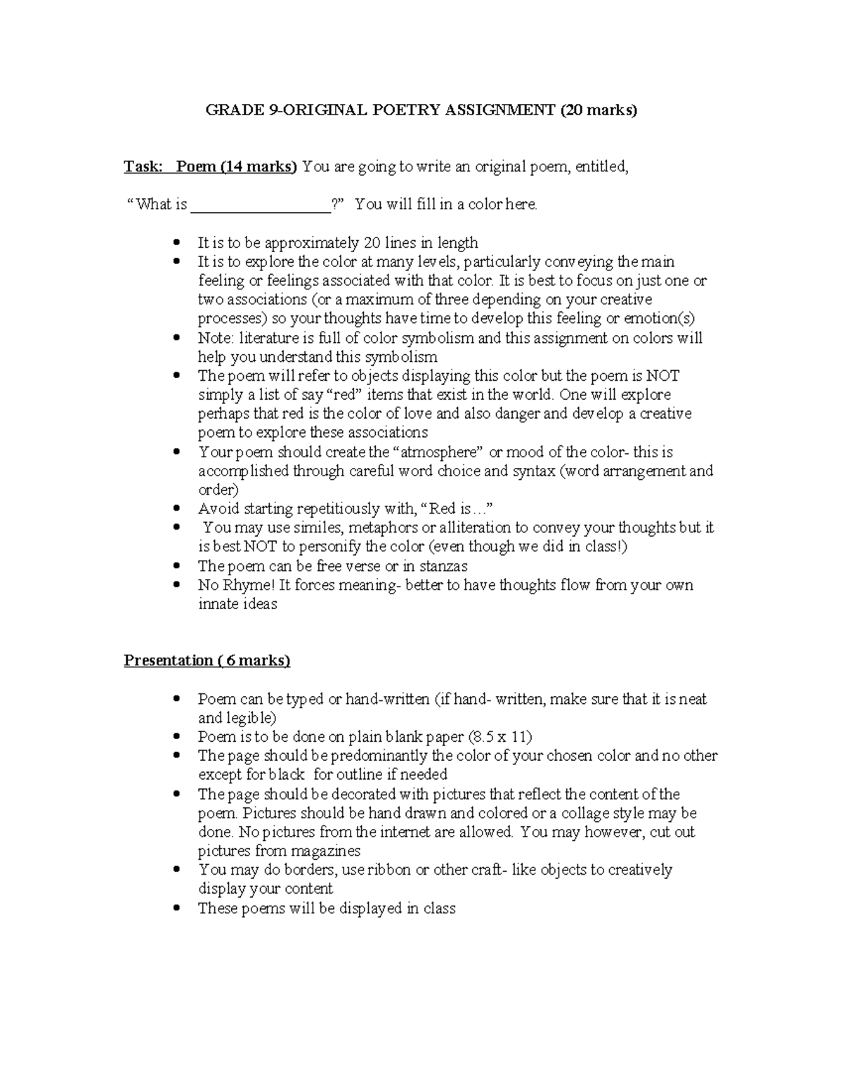 Grade 9- English- Color poem - GRADE 9-ORIGINAL POETRY ASSIGNMENT (20 ...