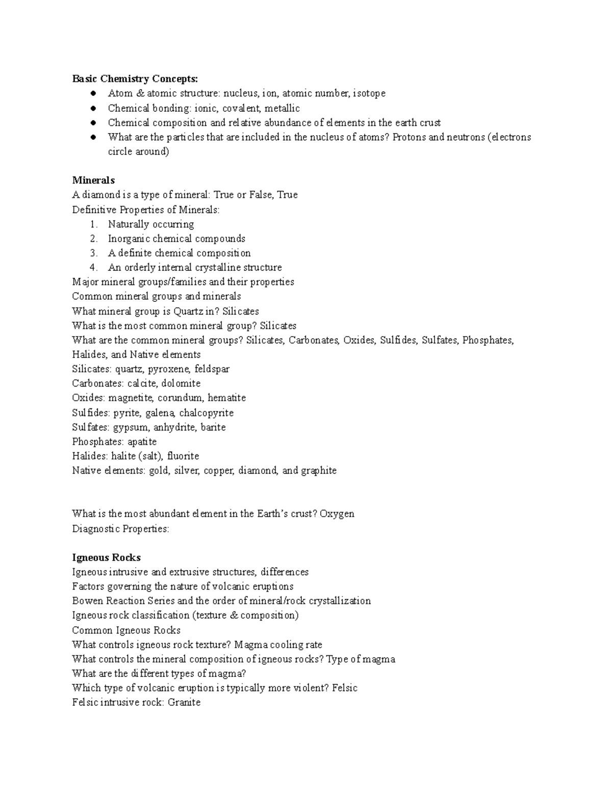 Geology Exam 1 First Exam Review Mara Chen Basic Chemistry