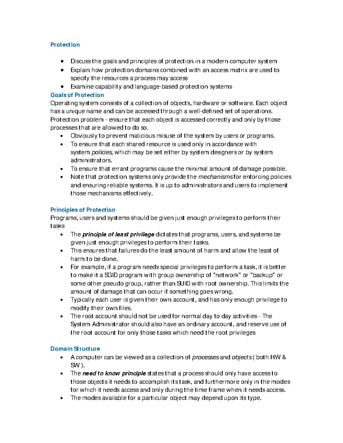 Unit4 part ii - nice notes - Protection Discuss the goals and ...