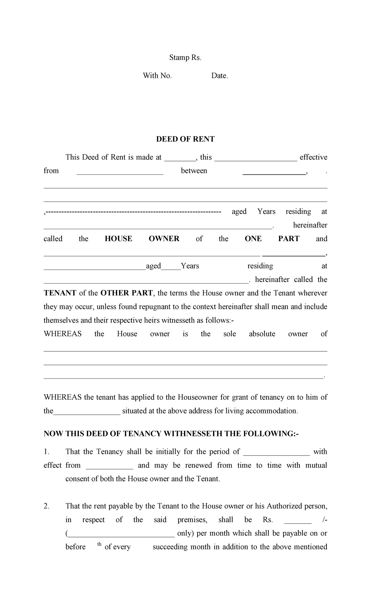 Rent Deed - Draft sample - Stamp Rs. With No. Date. DEED OF RENT This ...